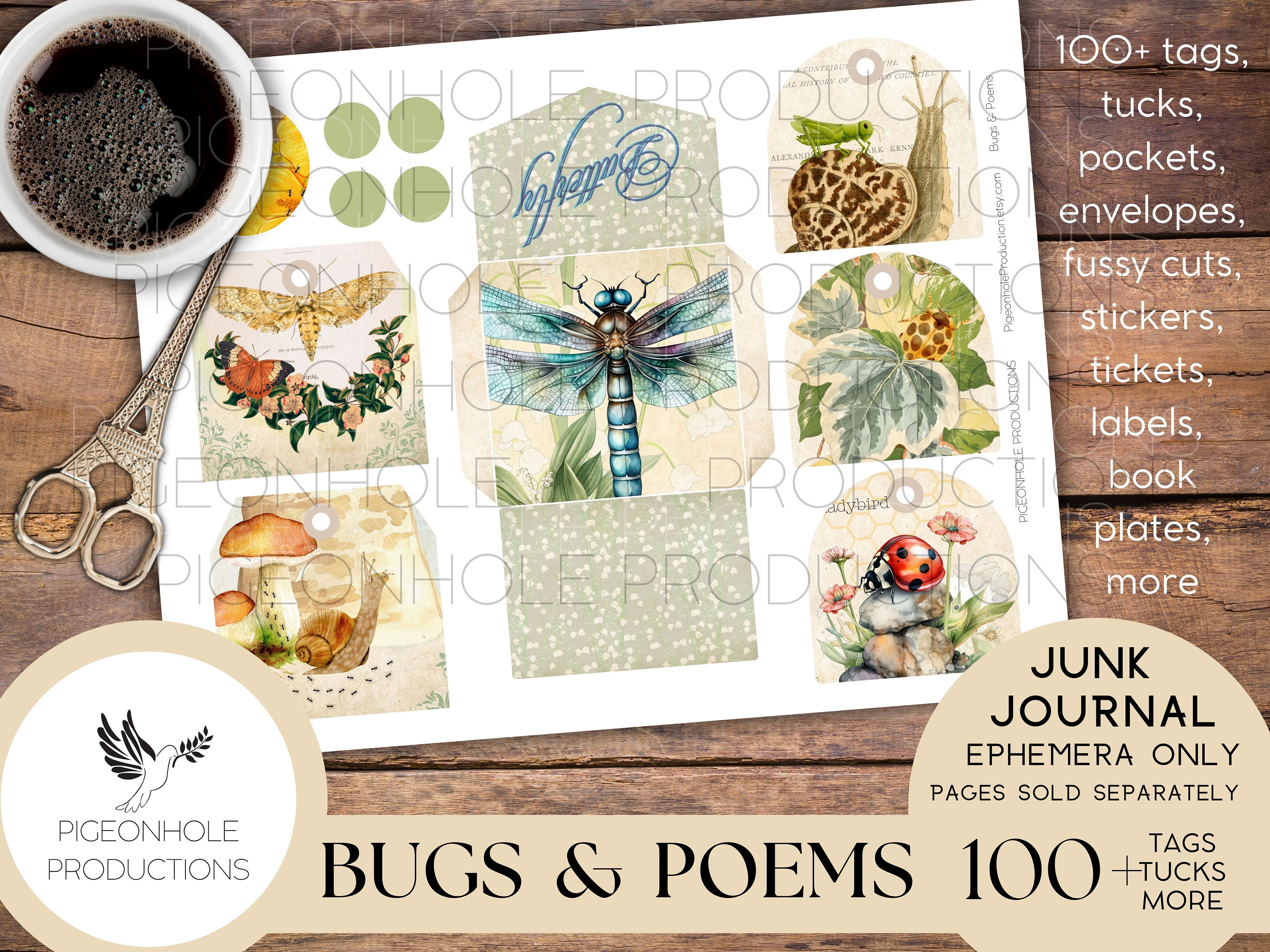 Bugs & Poems Junk Journal EPHEMERA, PRINTABLE, 70 Tags, Tucks, Pockets ...