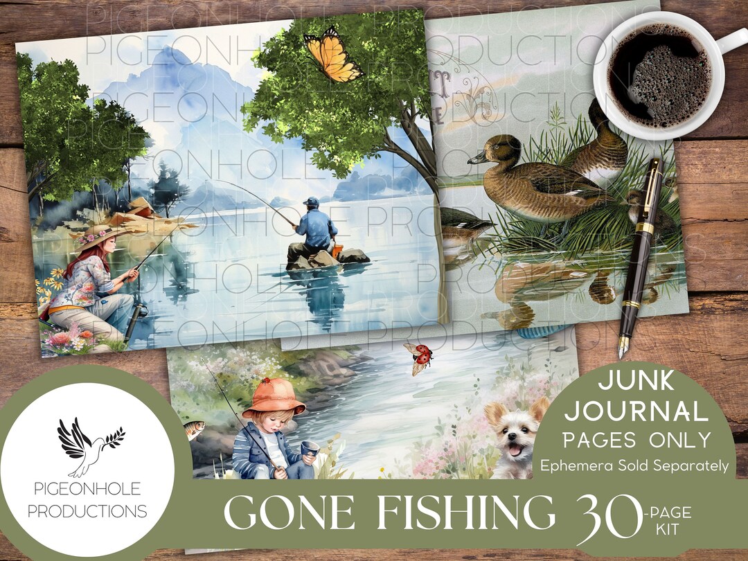 Gone Fishing Junk Journal Pages, PRINTABLE, 30 Collaged, Lined, Unlined ...
