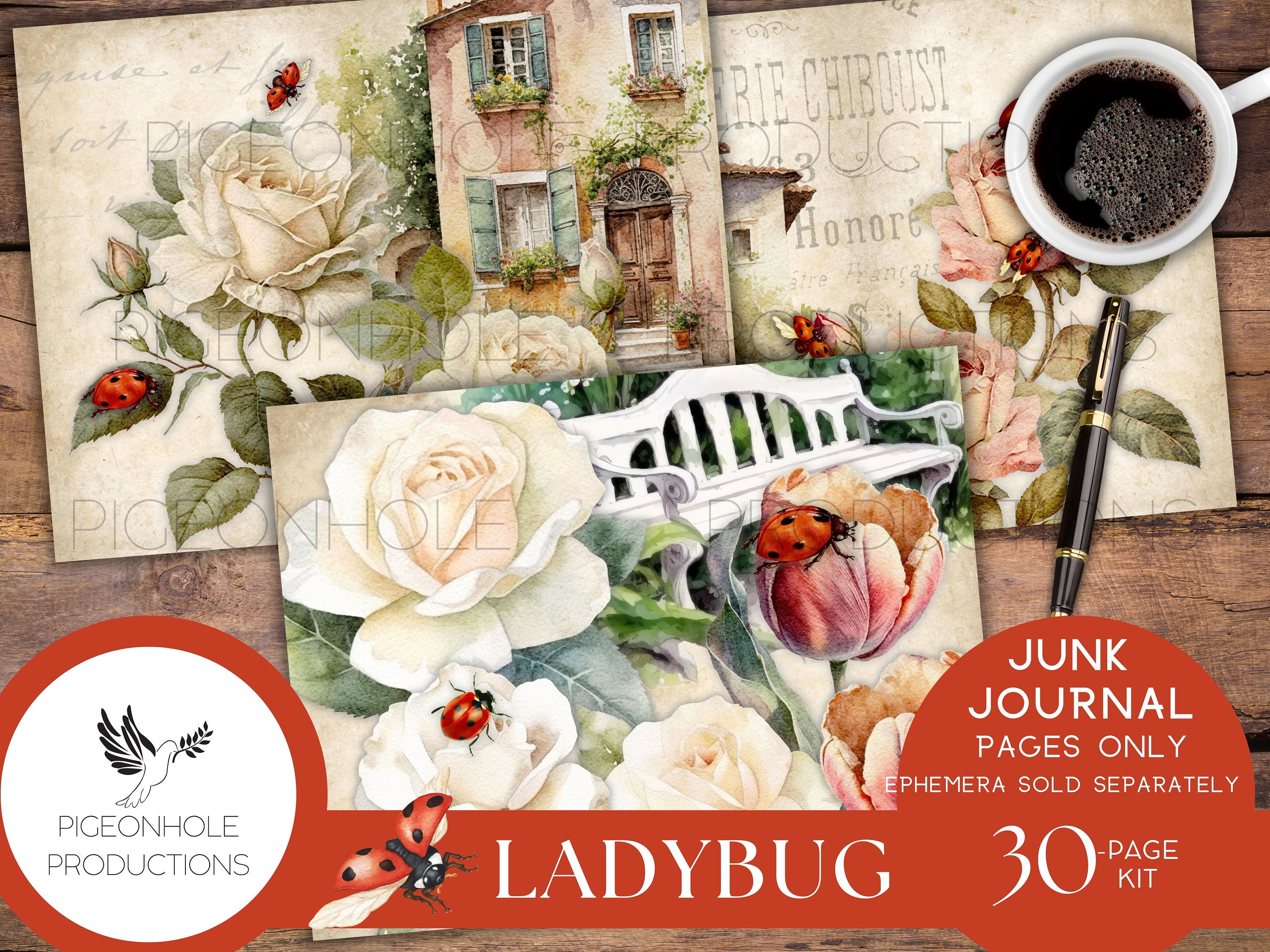 Ladybug Junk Journal Pages Only Kit, PRINTABLE, 30 Collage, Lined and ...