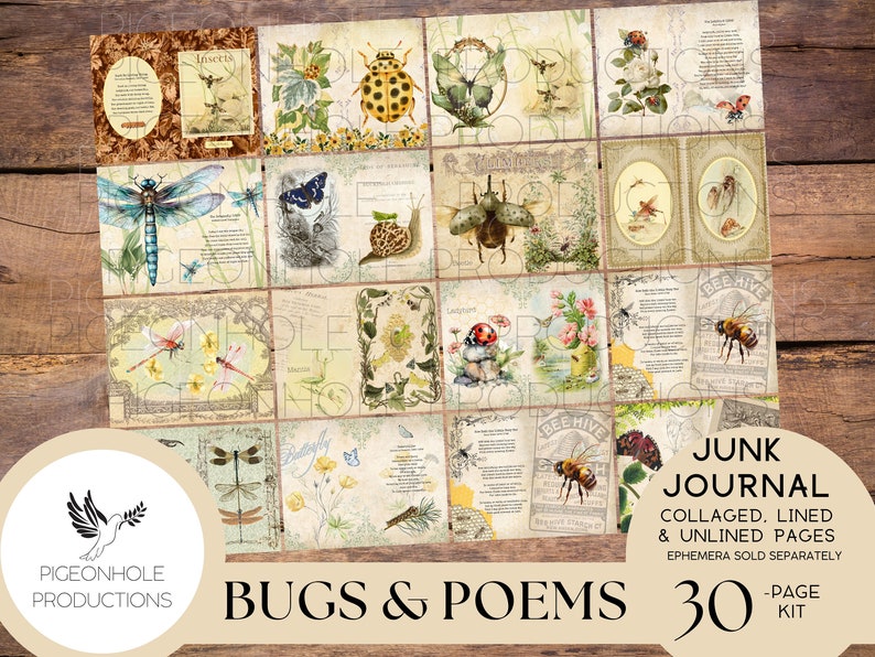 Bugs & Poems Junk Journal Pages Kit, PRINTABLE, 30 Collaged, Lined and ...