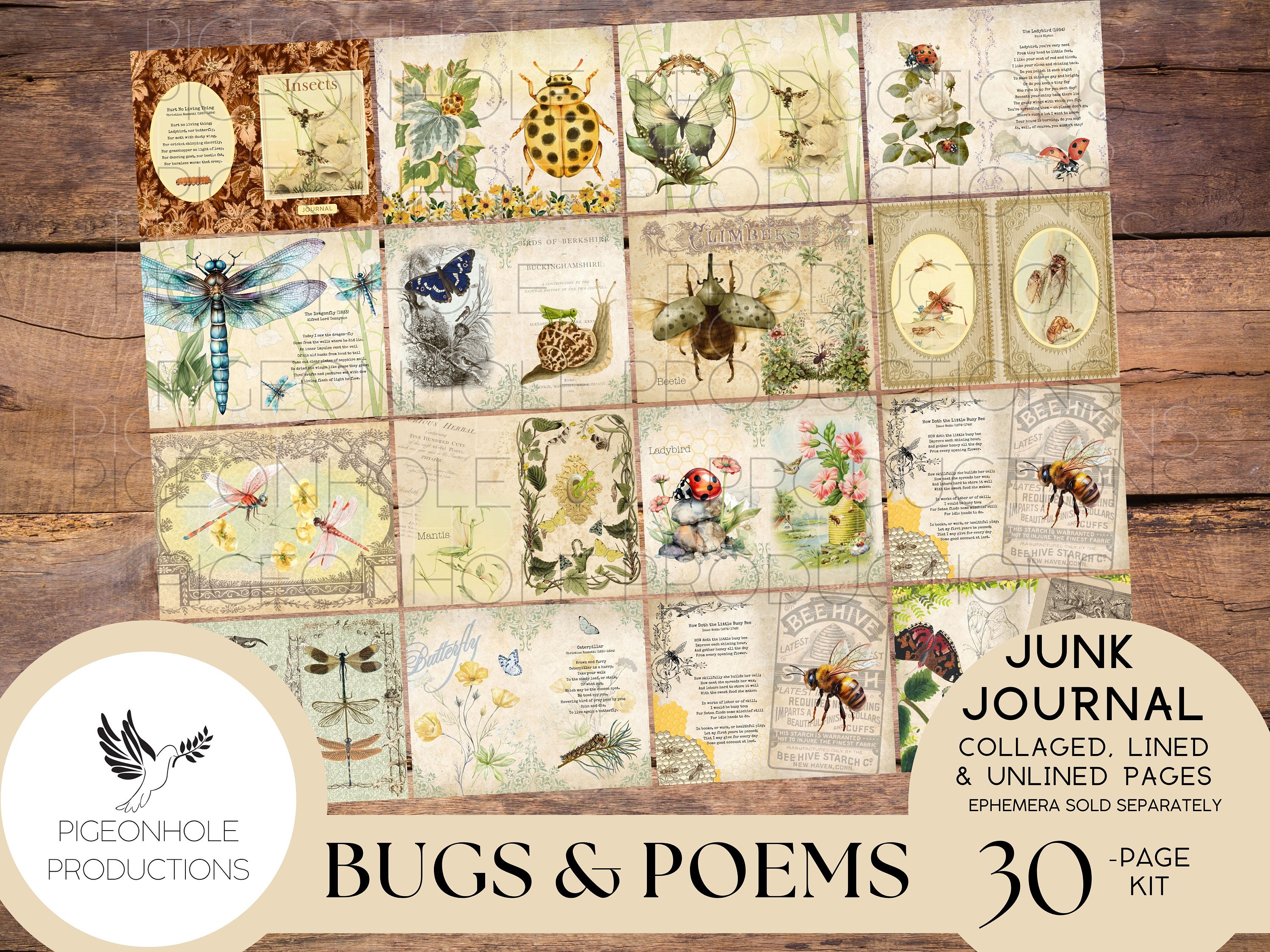 Bugs & Poems Junk Journal Pages Kit, PRINTABLE, 30 Collaged, Lined and ...