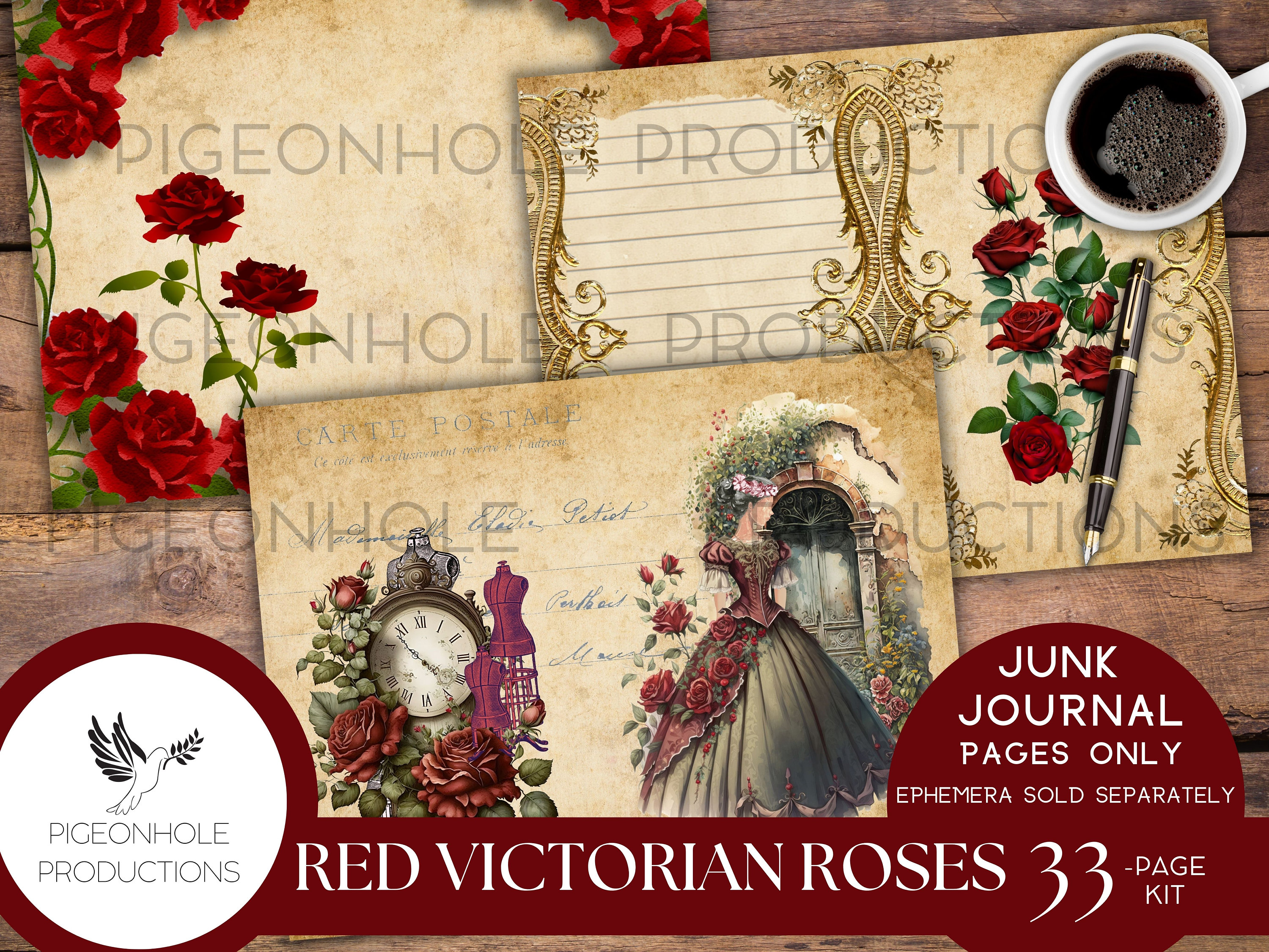 Red Victorian Roses Junk Journal Pages, PRINTABLE, 33 Sheets of ...