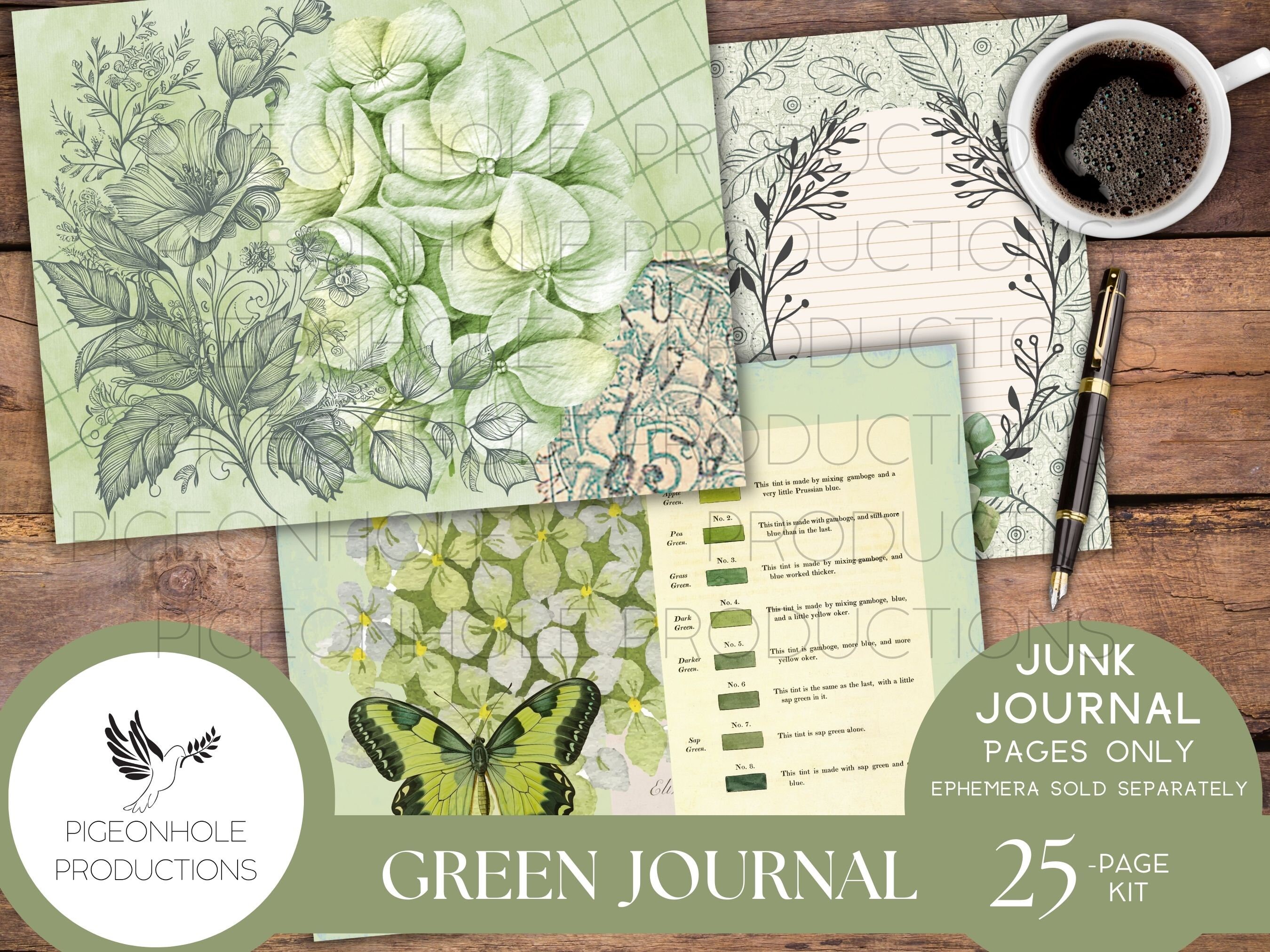 Green Junk Journal Pages, PRINTABLE, 25 Decorative, Background, Backing ...
