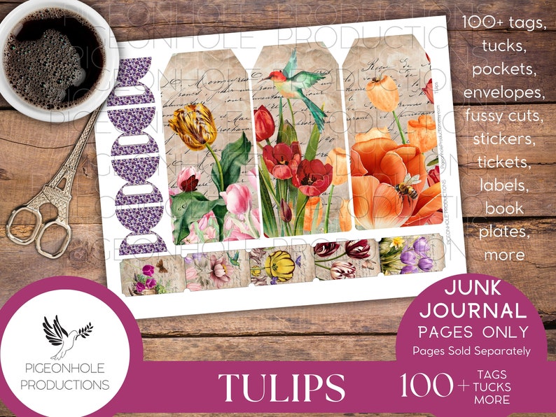 Tulips Junk Journal EPHEMERA, PRINTABLE, 100+ Tags, Tucks, Pockets ...