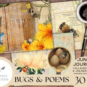 Bugs & Poems Junk Journal Pages Kit, PRINTABLE, 30 Collaged, Lined and ...