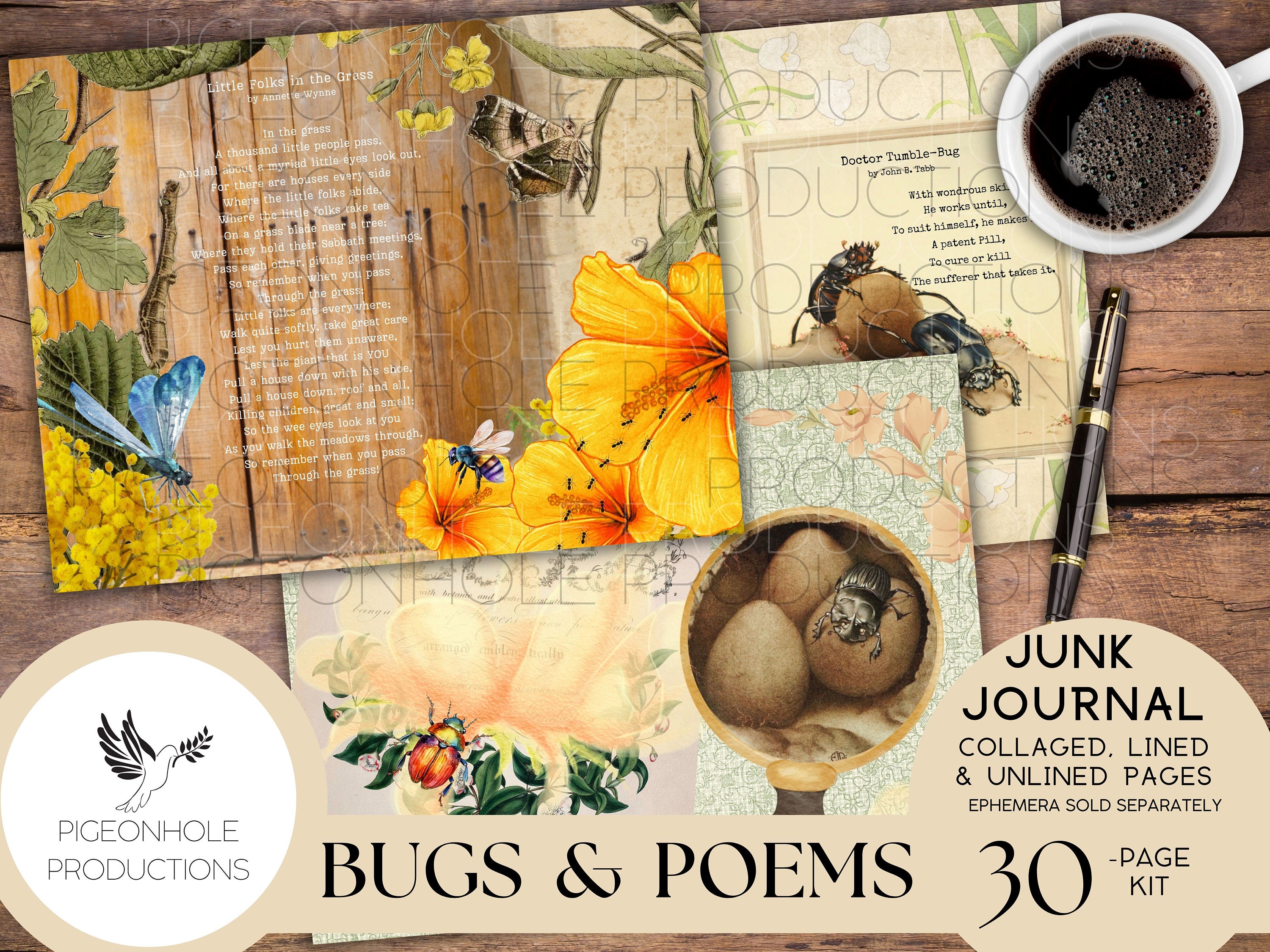 Bugs & Poems Junk Journal Pages Kit, PRINTABLE, 30 Collaged, Lined and ...