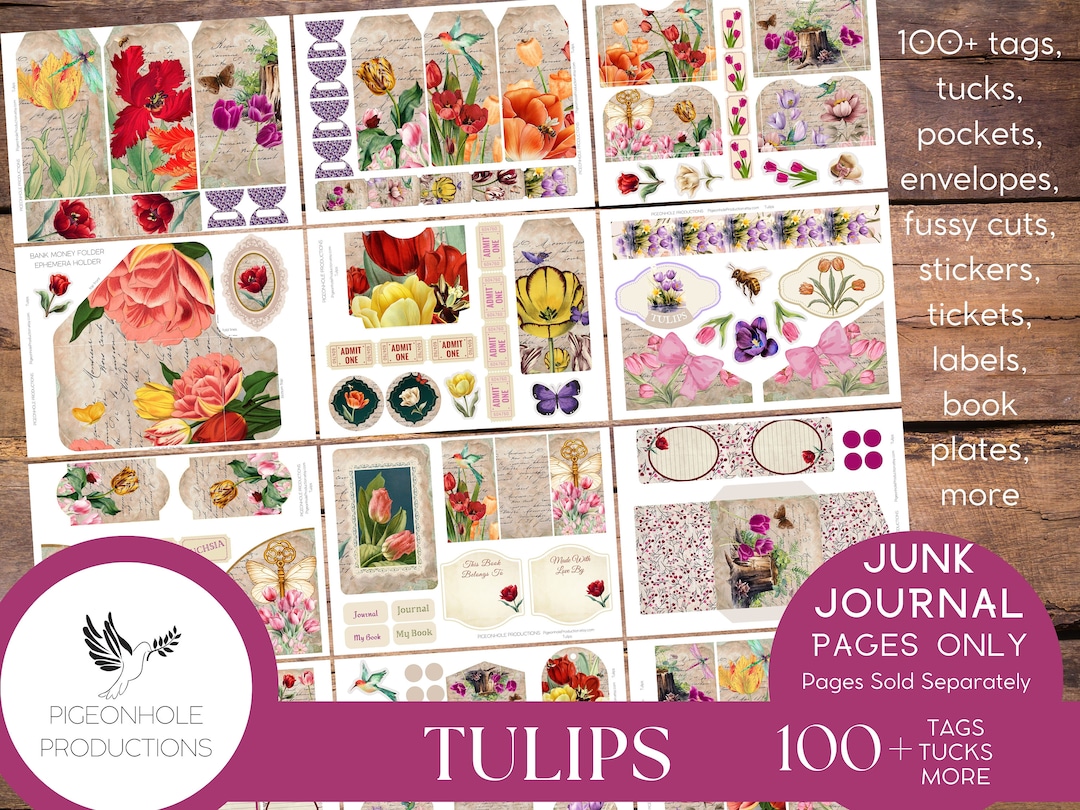 Tulips Junk Journal EPHEMERA, PRINTABLE, 100+ Tags, Tucks, Pockets ...