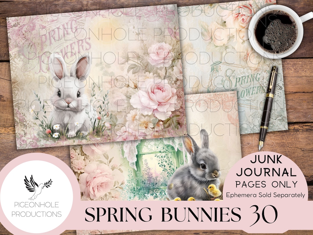 Spring Bunnies Junk Journal Pages, PRINTABLE, Easter, 30 Collaged ...
