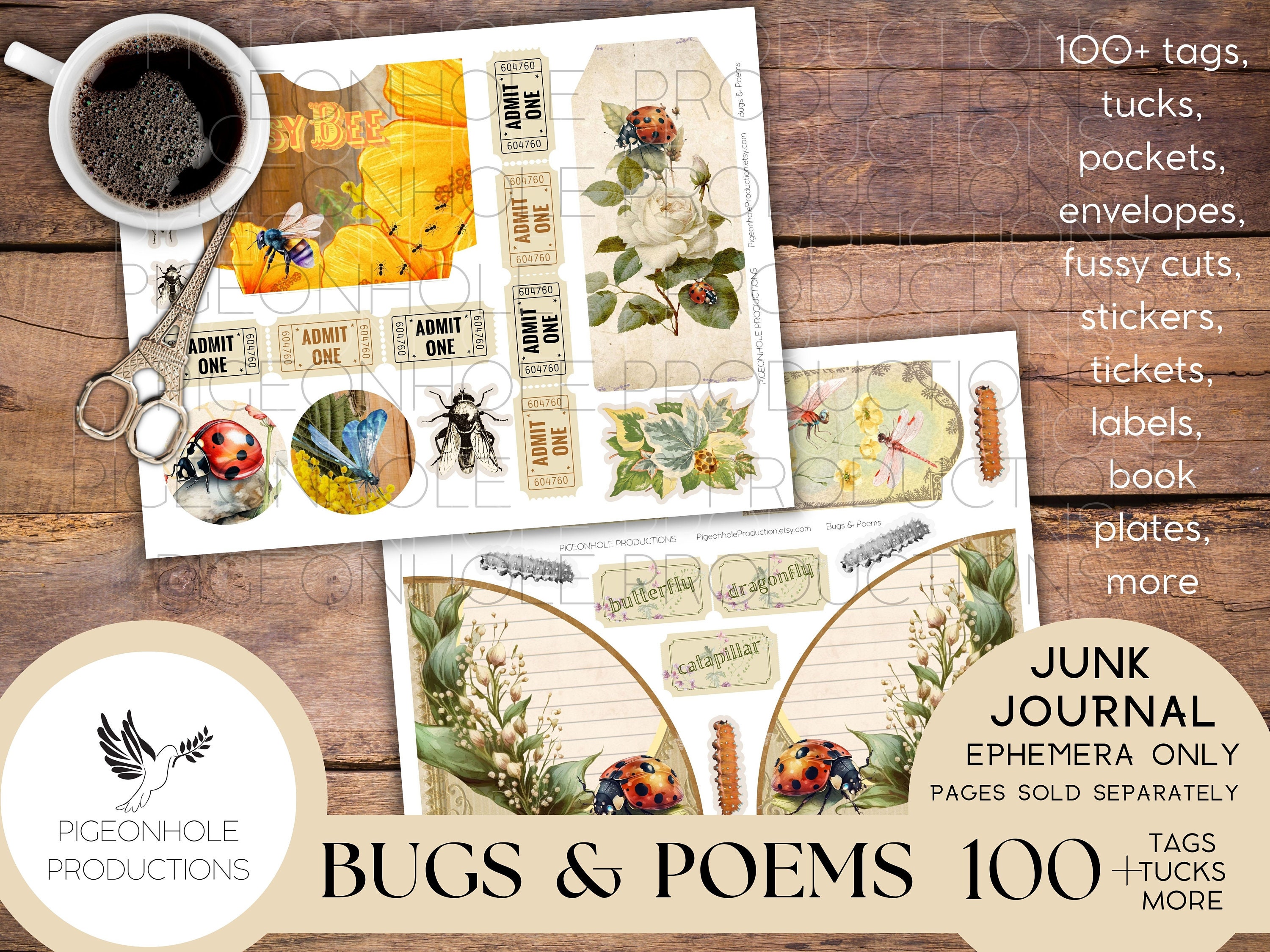 Bugs & Poems Junk Journal EPHEMERA, PRINTABLE, 70 Tags, Tucks, Pockets ...