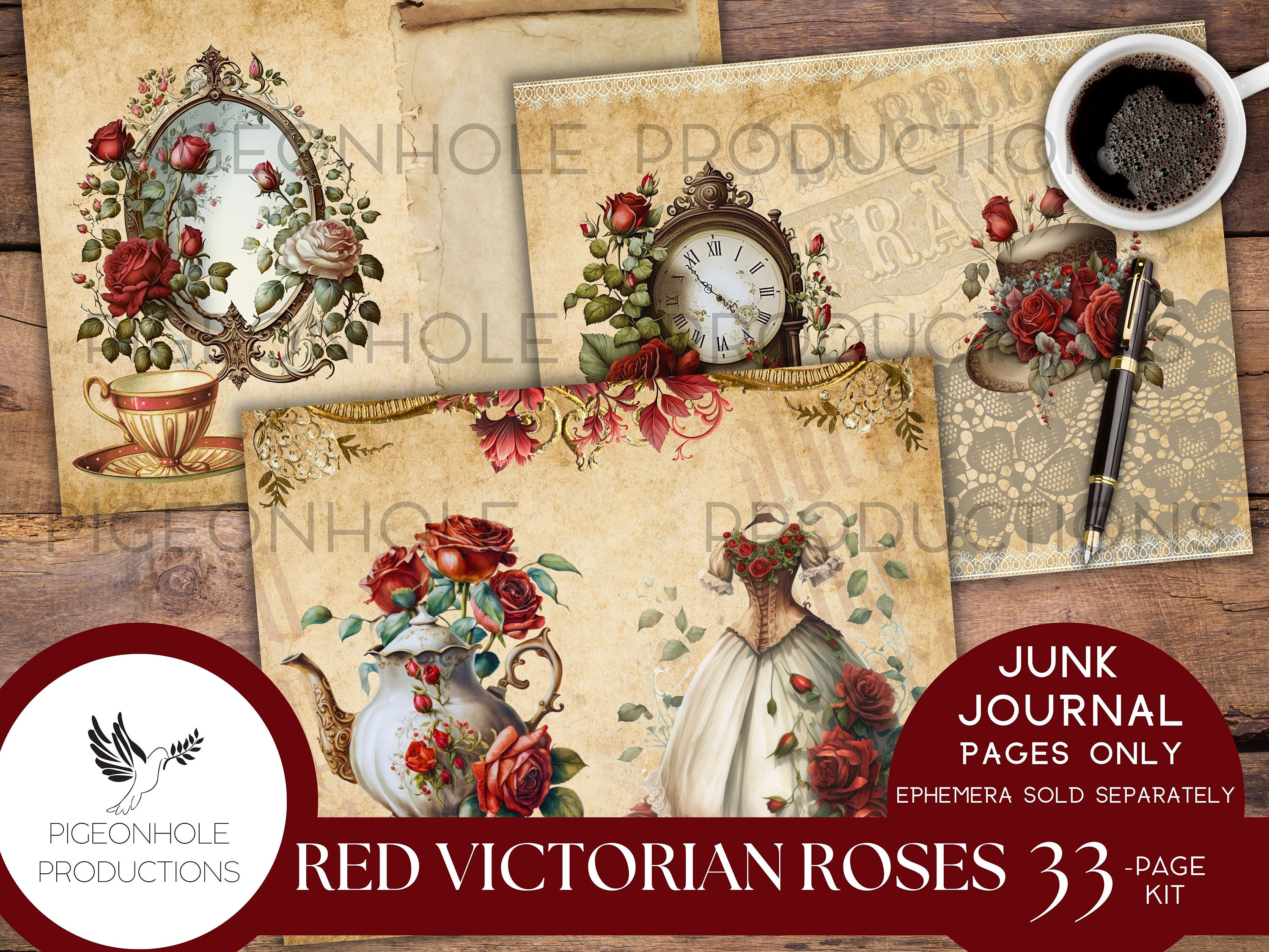 Red Victorian Roses Junk Journal Pages, PRINTABLE, 33 Sheets of ...