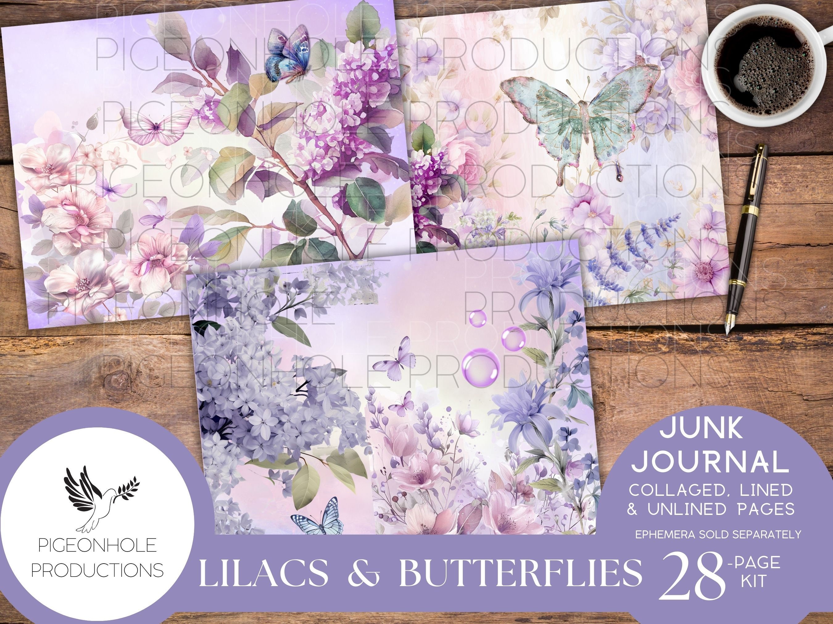 Lilacs & Butterflies Junk Journal PAGES, PRINTABLE, 28 Collaged ...