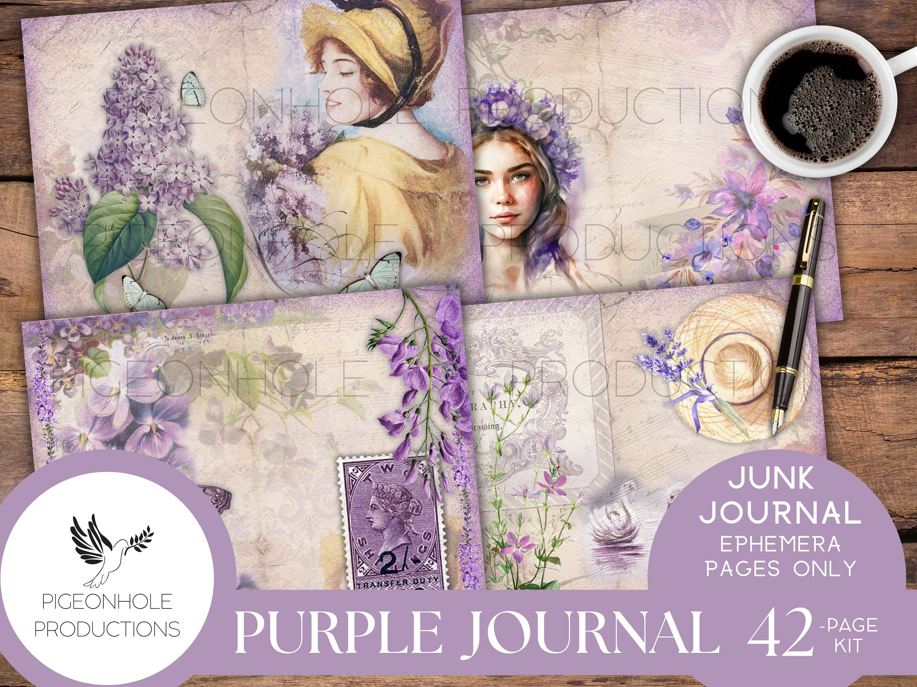 Purple Junk Journal Pages, PRINTABLE, 42 Decorative, Background ...