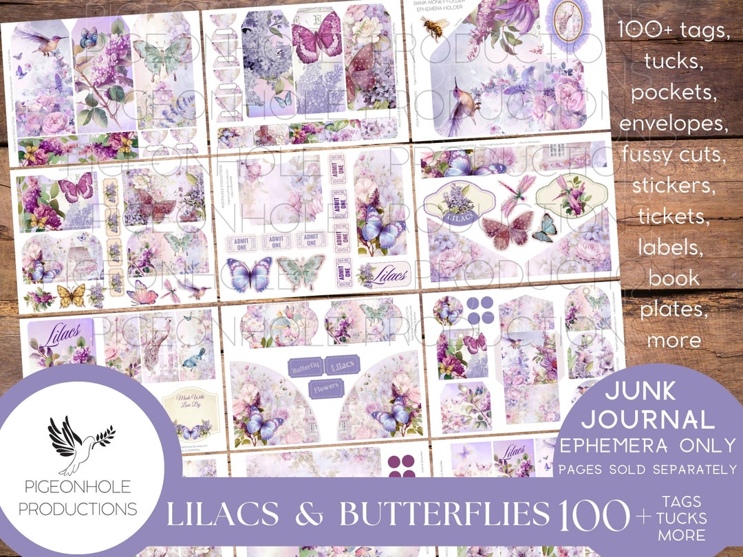 Lilacs & Butterflies Junk Journal EPHEMERA, PRINTABLE, 100+ Tags, Tucks ...