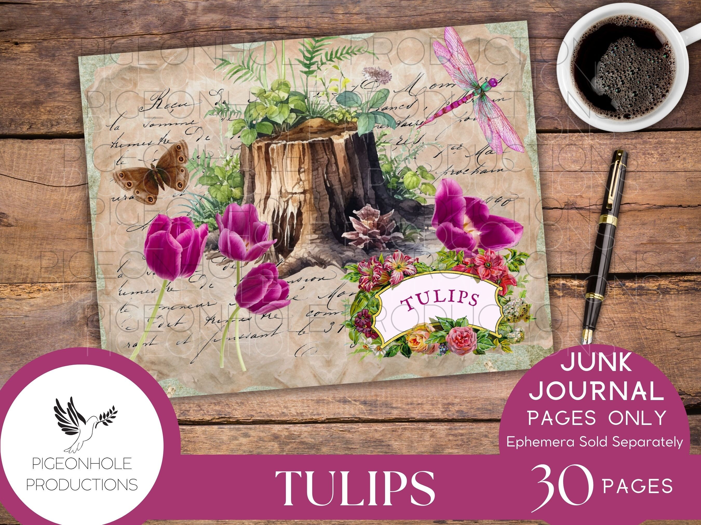 Tulips Junk Journal Pages Only Kit, PRINTABLE, 30 Collage, Lined ...