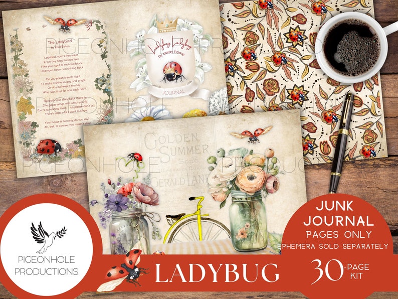 Ladybug Junk Journal Pages Only Kit, PRINTABLE, 30 Collage, Lined and ...