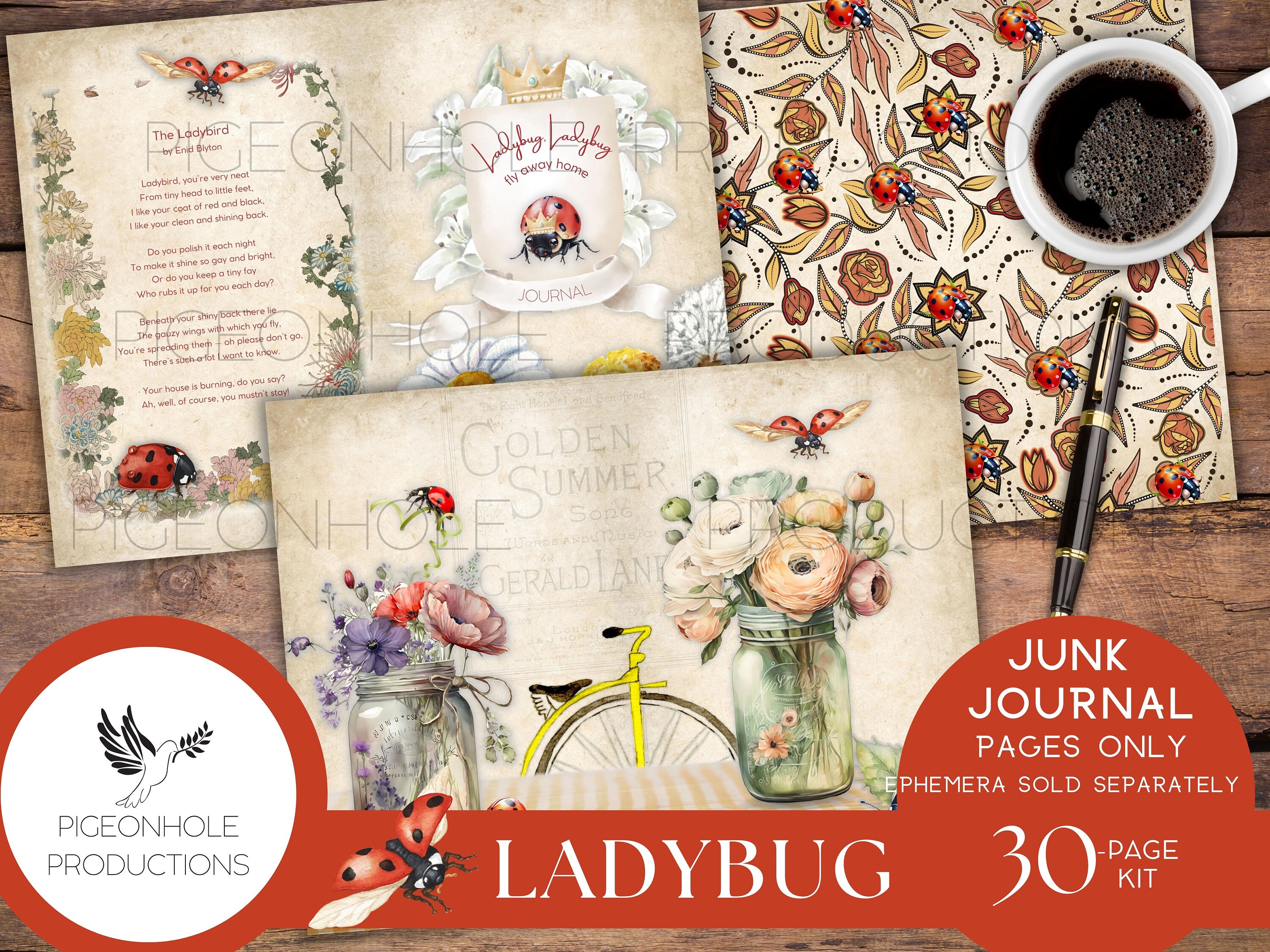 Ladybug Junk Journal Pages Only Kit, PRINTABLE, 30 Collage, Lined and ...