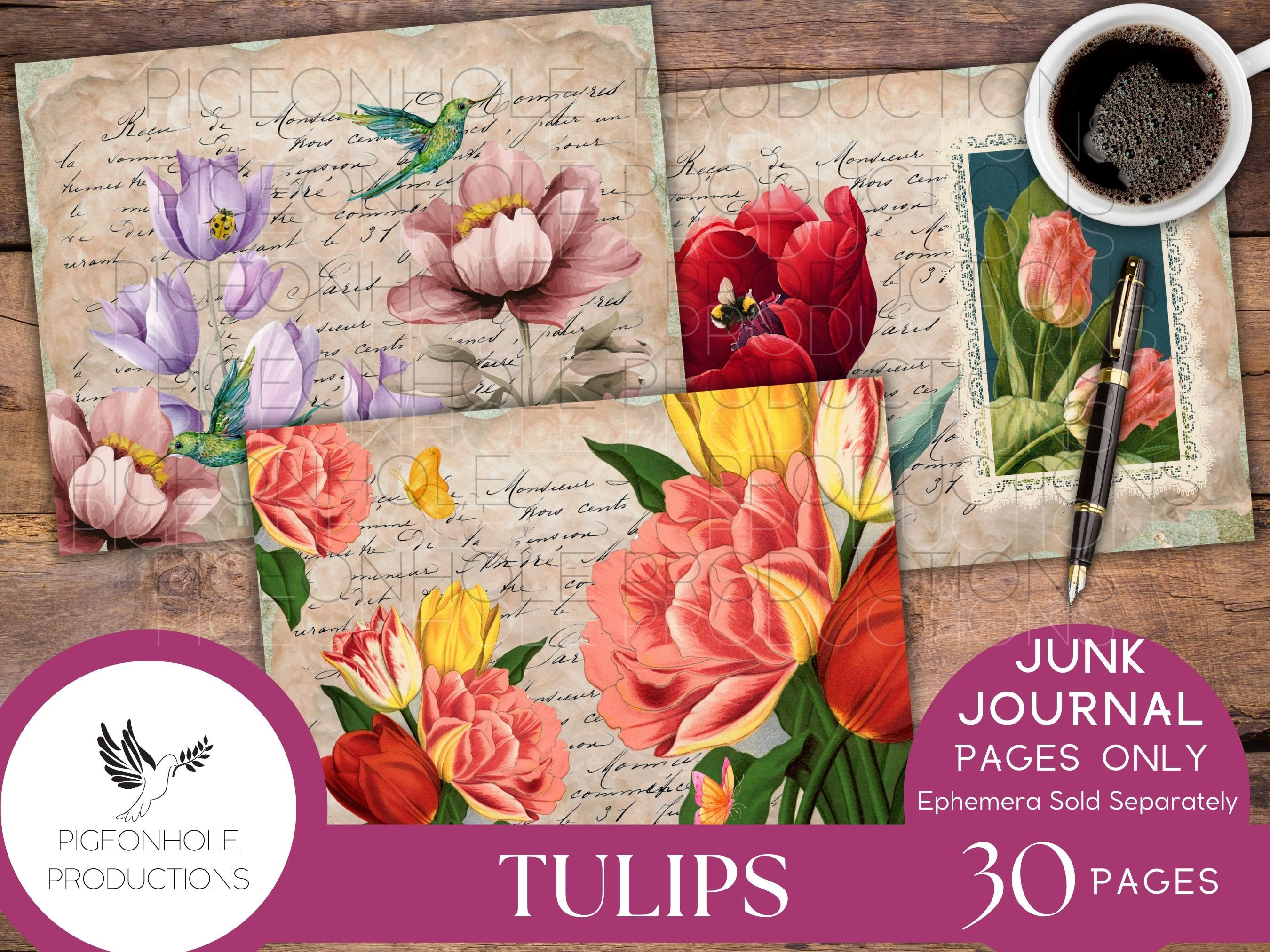 Tulips Junk Journal Pages Only Kit, PRINTABLE, 30 Collage, Lined ...