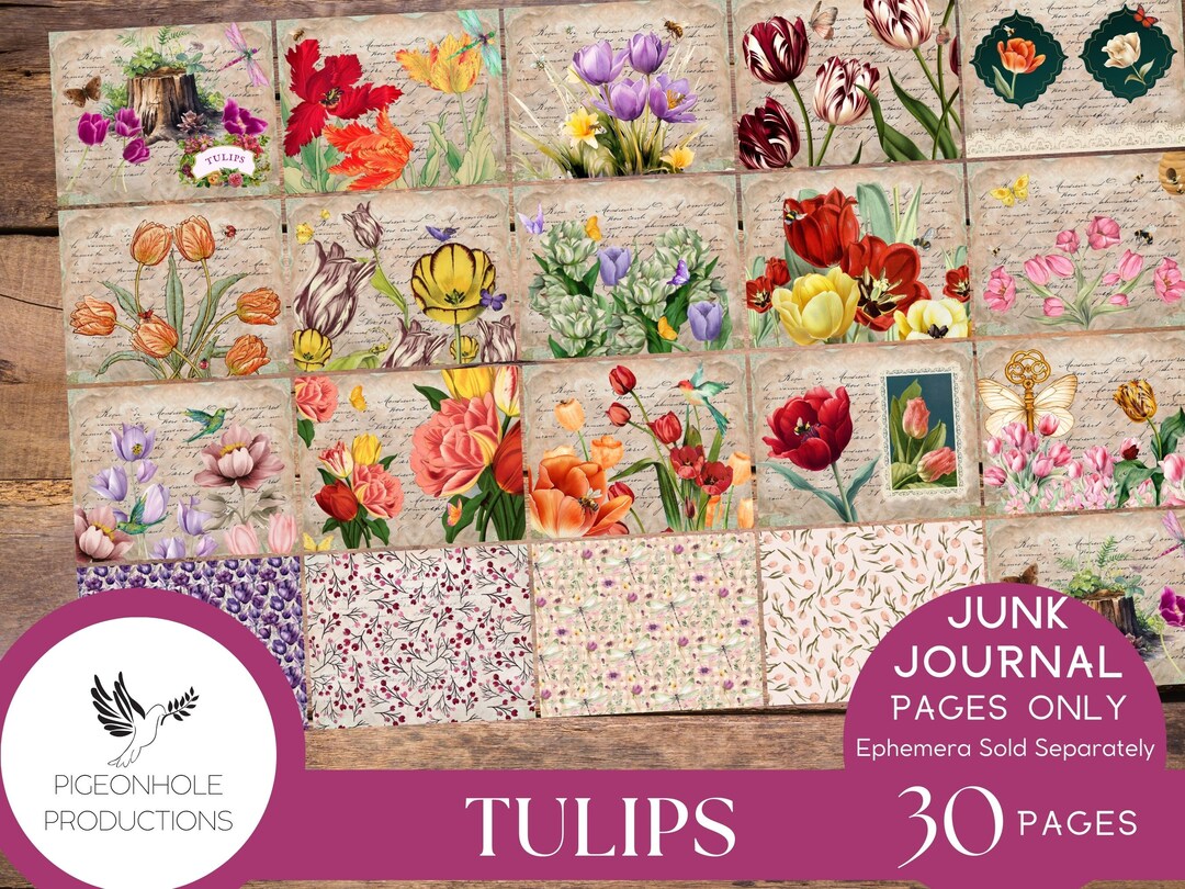 Tulips Junk Journal Pages Only Kit, PRINTABLE, 30 Collage, Lined ...