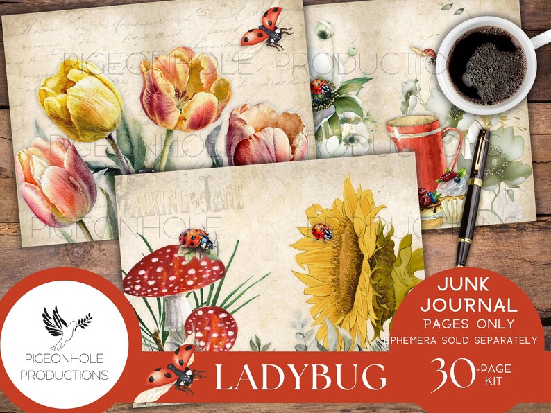 Ladybug Junk Journal Pages Only Kit, PRINTABLE, 30 Collage, Lined and ...
