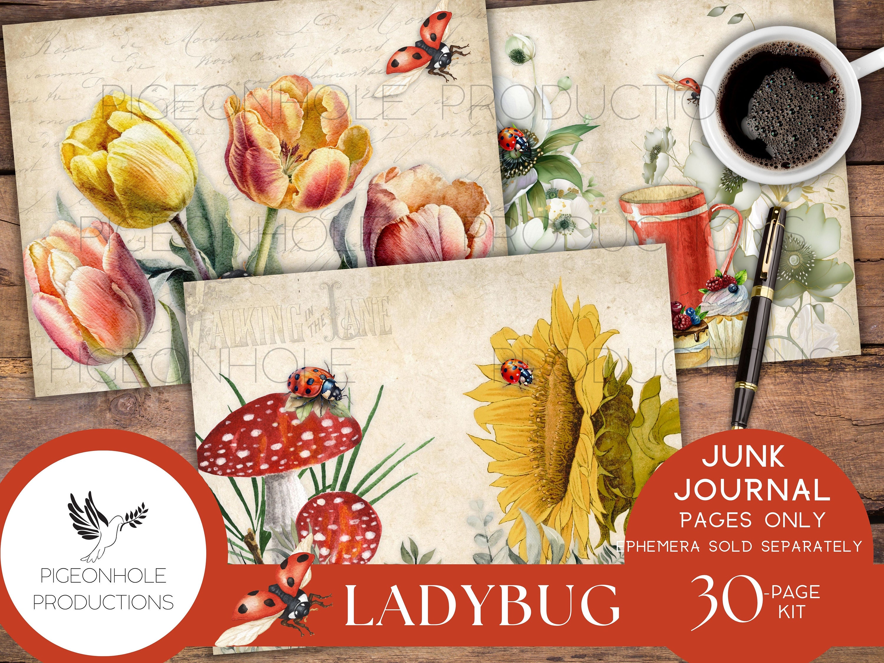 Ladybug Junk Journal Pages Only Kit, PRINTABLE, 30 Collage, Lined and ...