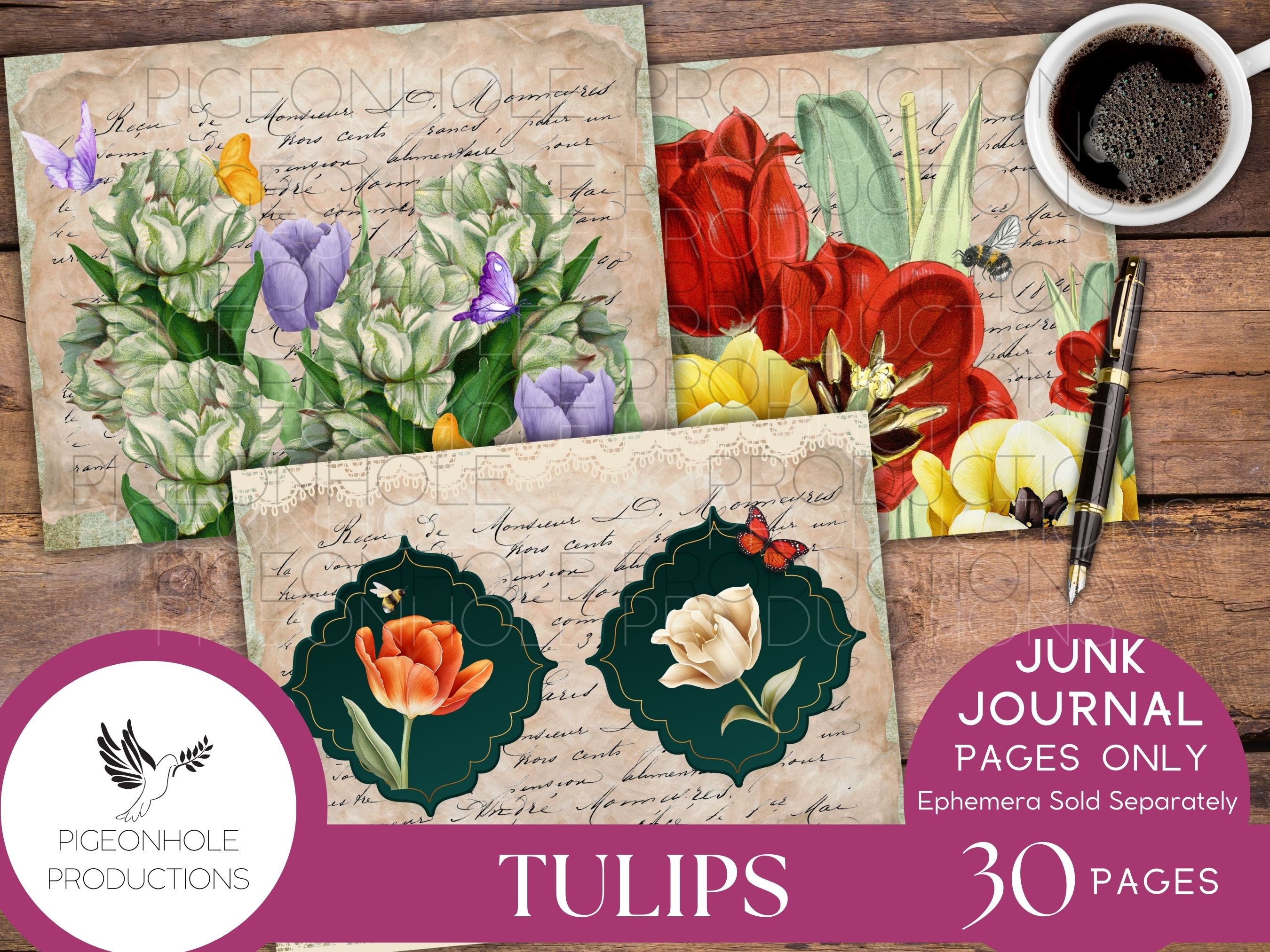 Tulips Junk Journal Pages Only Kit, PRINTABLE, 30 Collage, Lined ...