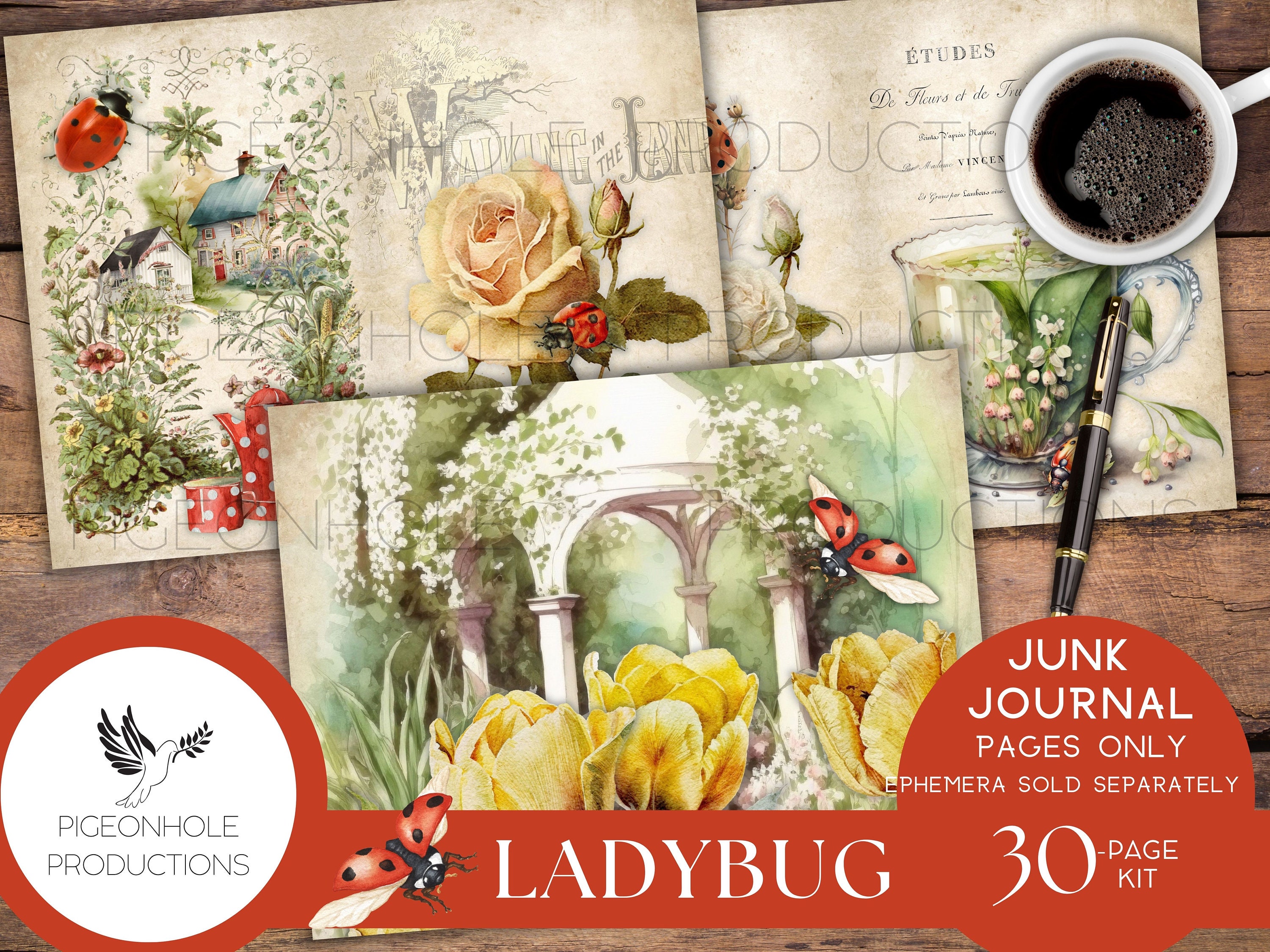 Ladybug Junk Journal Pages Only Kit, PRINTABLE, 30 Collage, Lined and ...