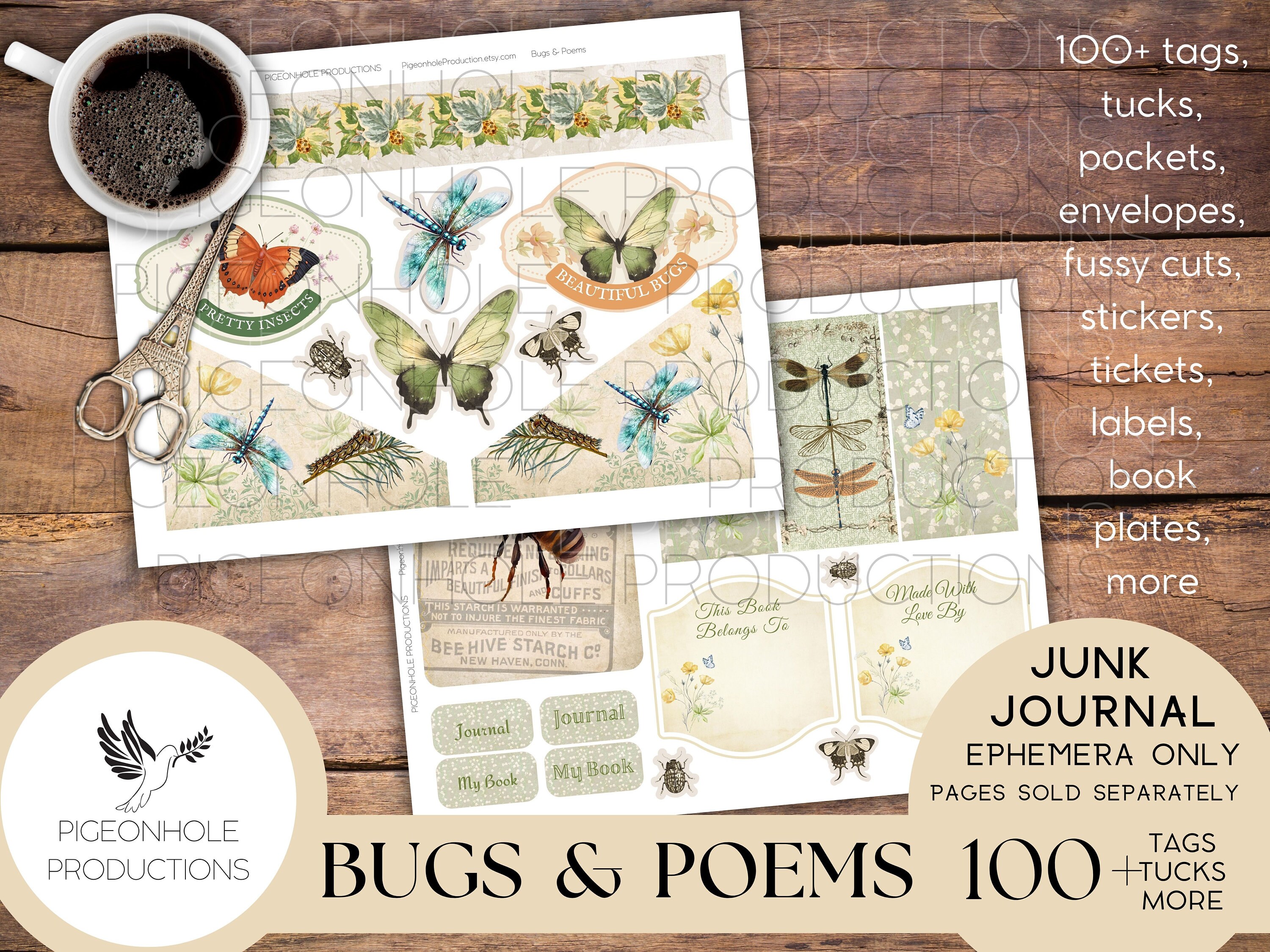 Bugs & Poems Junk Journal EPHEMERA, PRINTABLE, 70 Tags, Tucks, Pockets ...