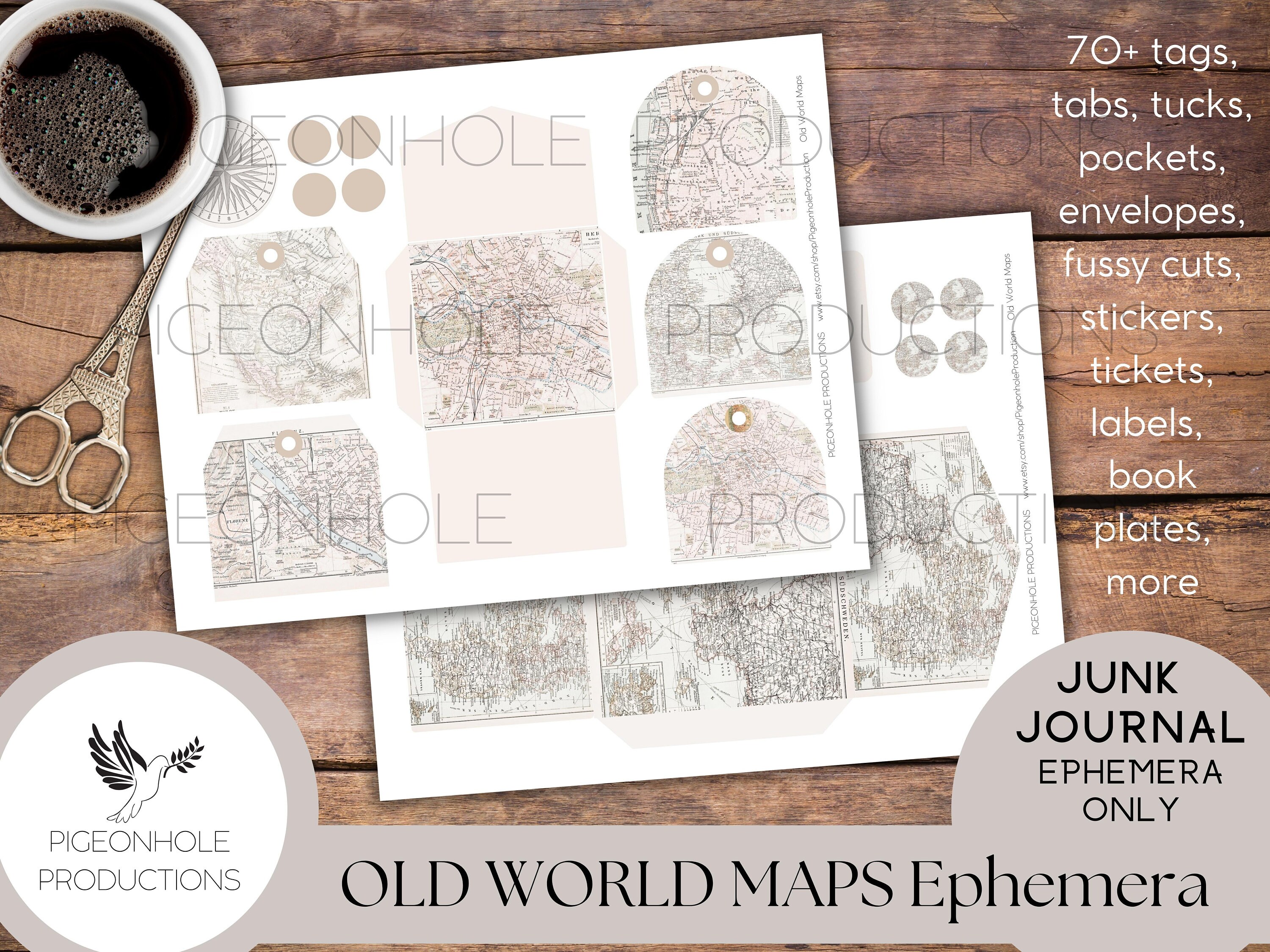 Old World Maps Junk Journal EPHEMERAPRINTABLE70 Tags - Etsy
