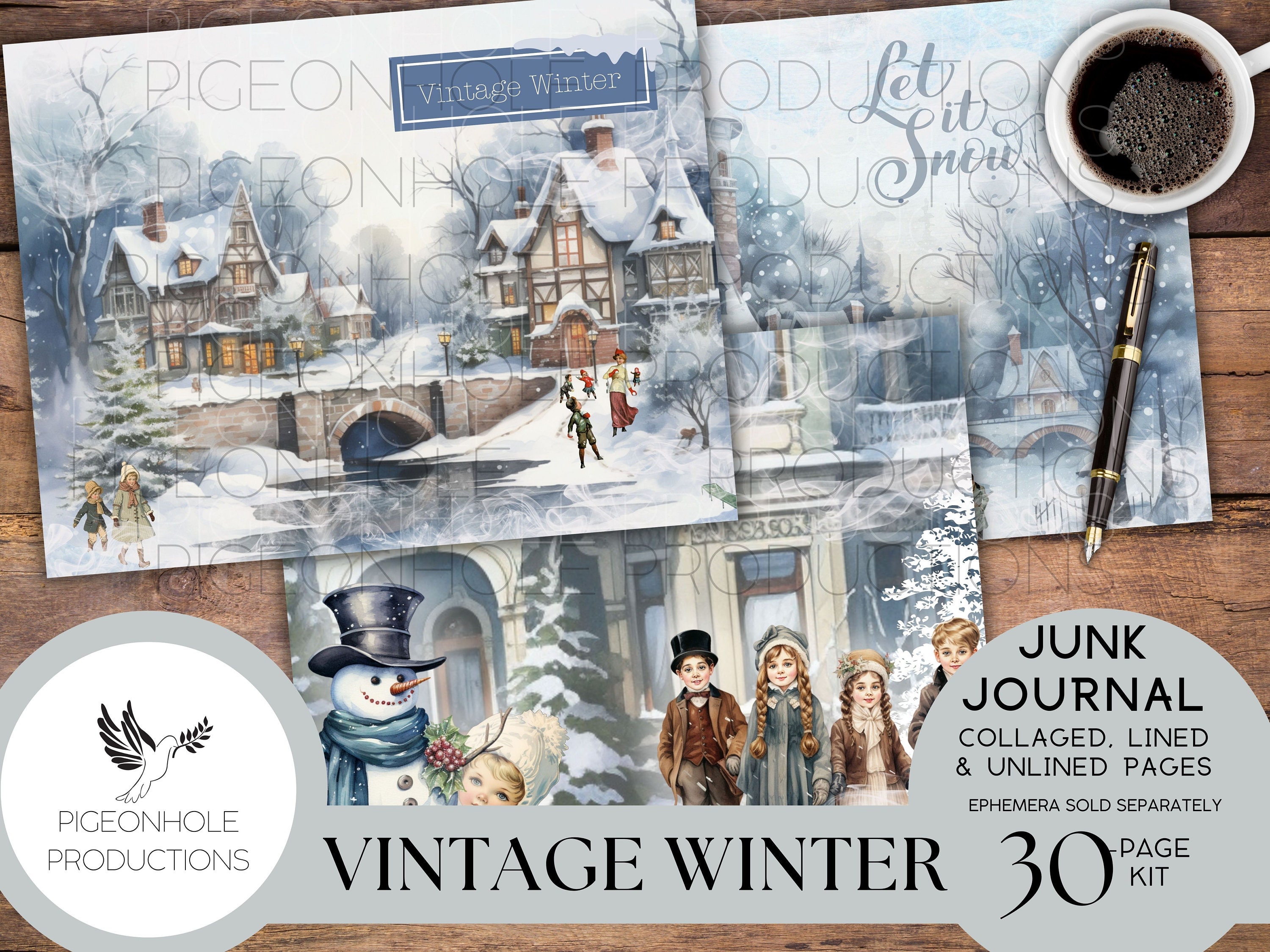 Vintage Winter Junk Journal Pages, PRINTABLE, 32 Collaged, Lined ...