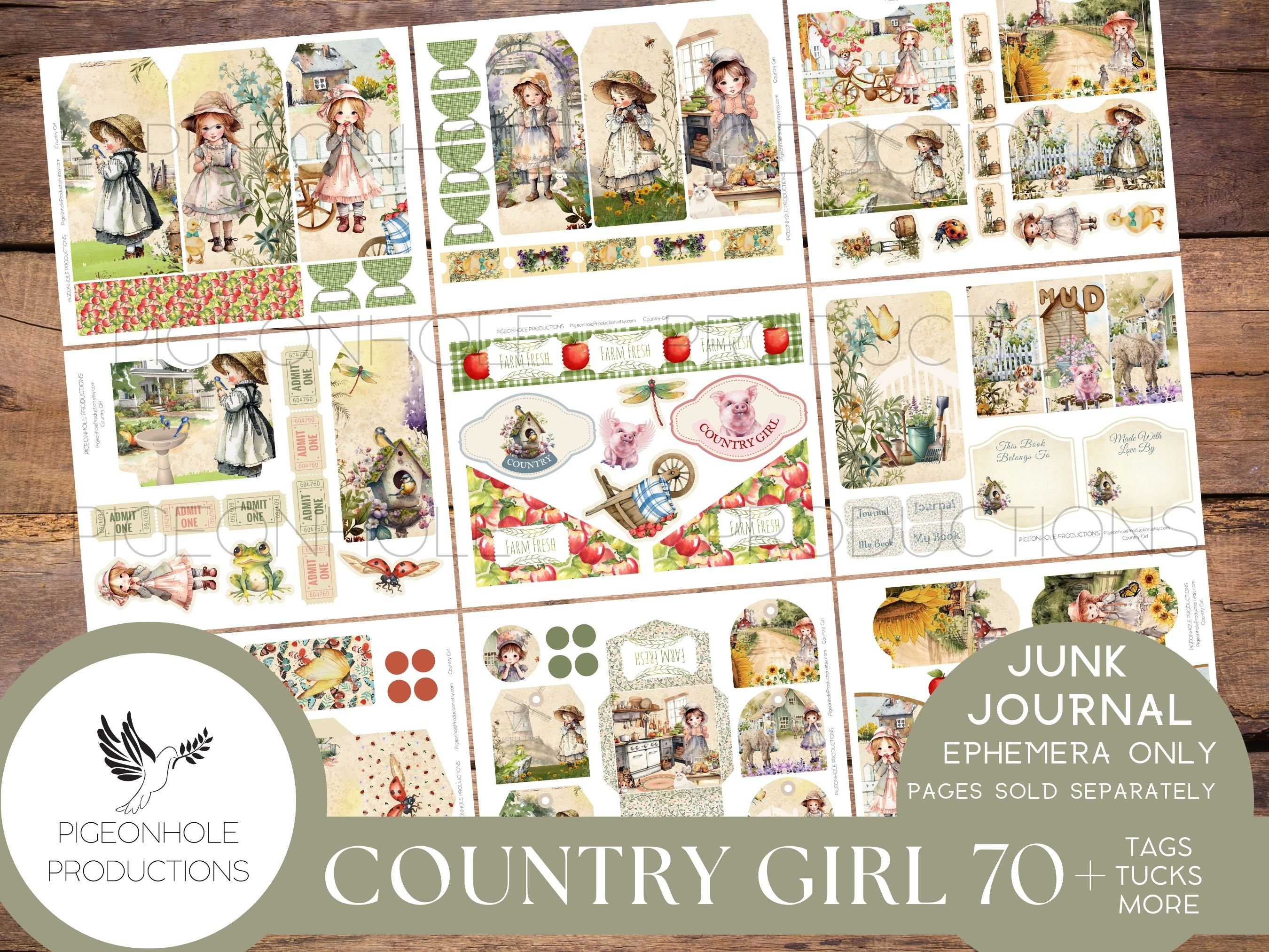 Country Girl Journal EPHEMERA, PRINTABLE, 70 Tags, Tucks, Pockets ...