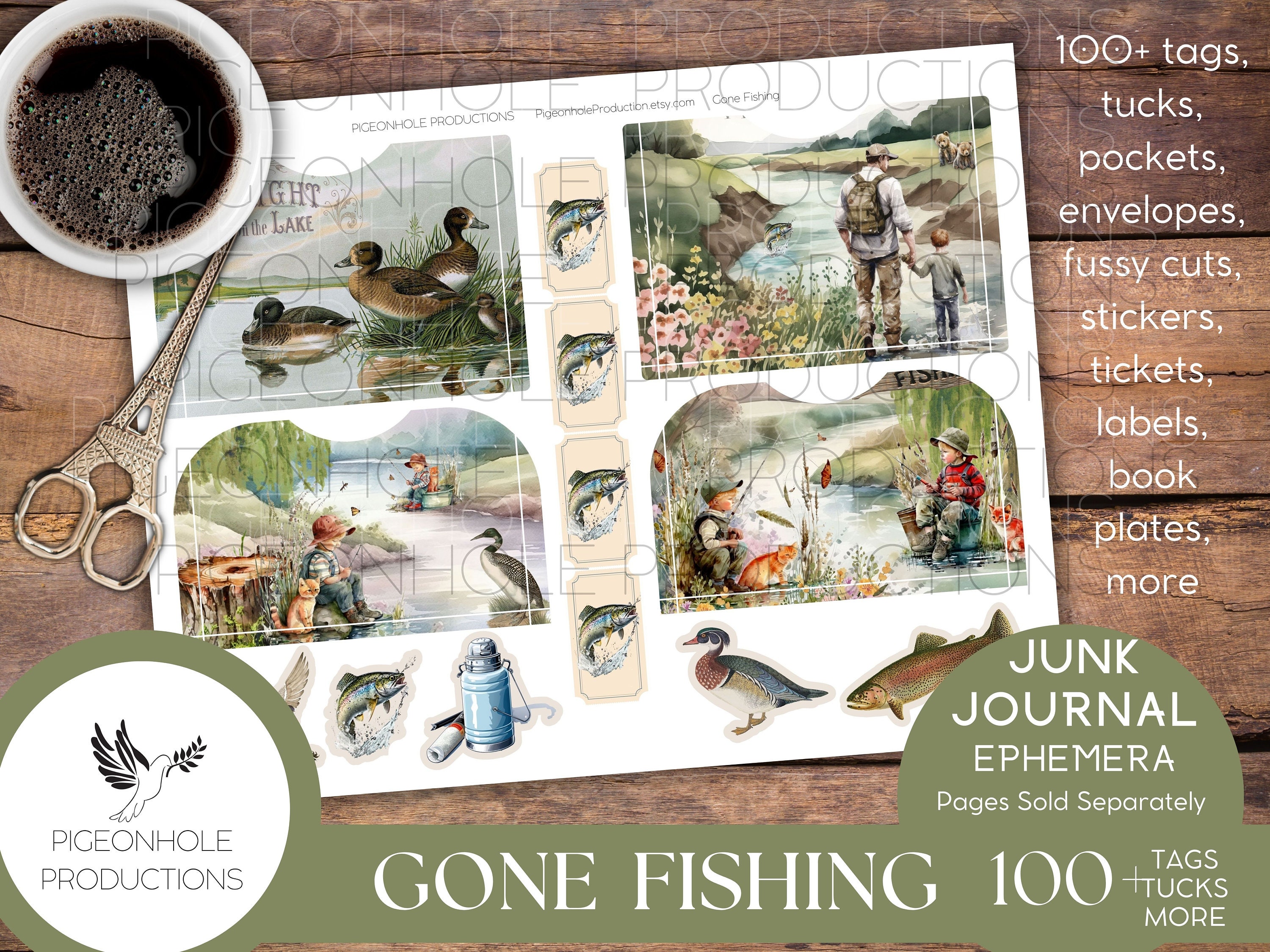 Gone Fishing Junk Journal EPHEMERA, PRINTABLE, 90 Tags, Tucks, Pockets ...