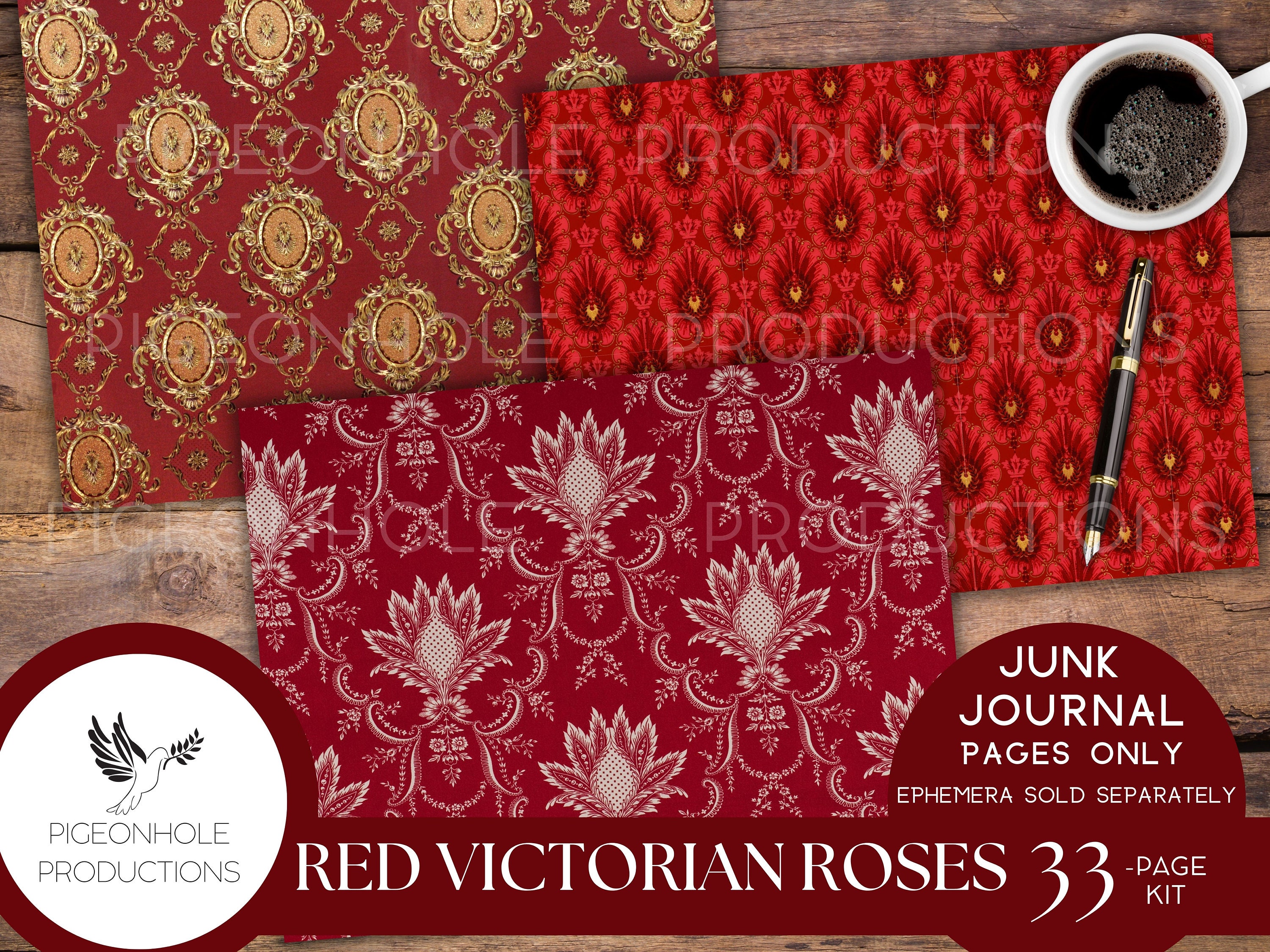 Red Victorian Roses Junk Journal Pages, PRINTABLE, 33 Sheets of ...