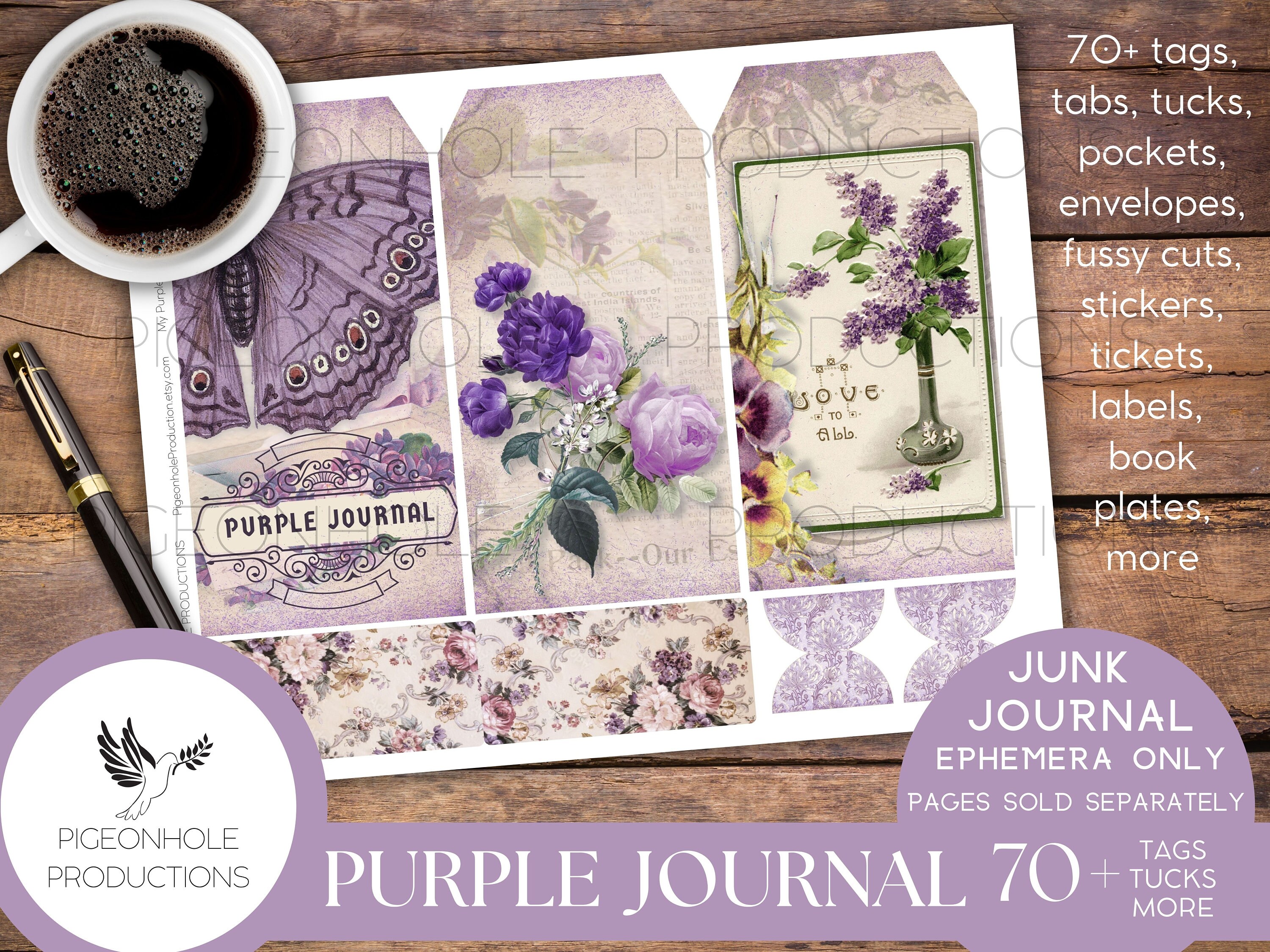 Purple Junk Journal EPHEMERA, PRINTABLE, 70 Tags, Tucks, Pockets ...