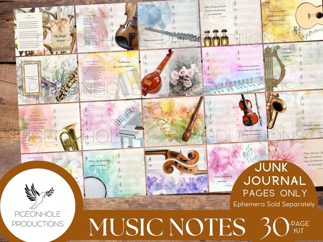 Music Notes Junk Journal Pages Kit, PRINTABLE, 30 Sheets Journal Pages ...