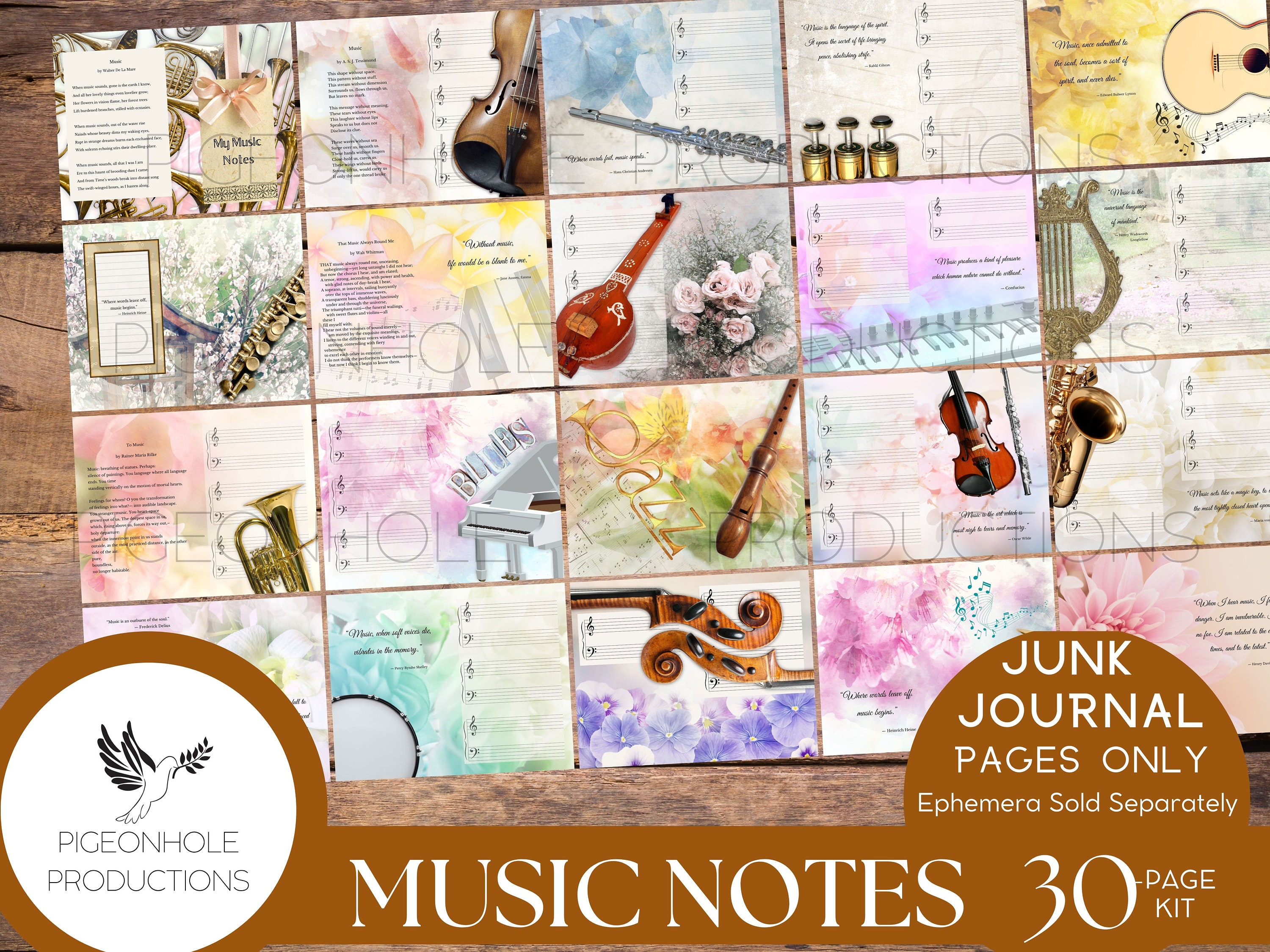 Music Notes Junk Journal Pages Kit, PRINTABLE, 30 Sheets Journal Pages ...