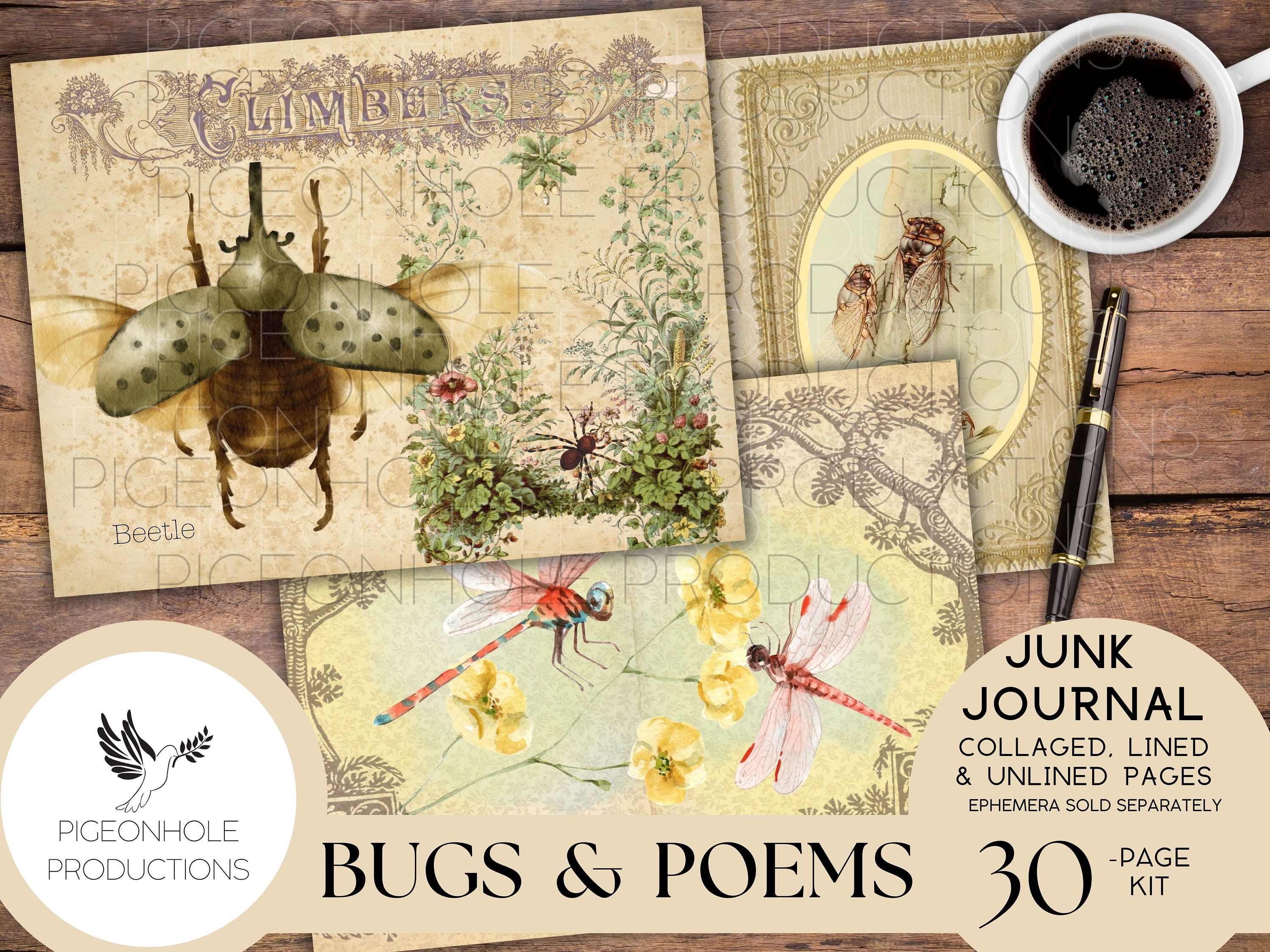 Bugs & Poems Junk Journal Pages Kit, PRINTABLE, 30 Collaged, Lined and ...