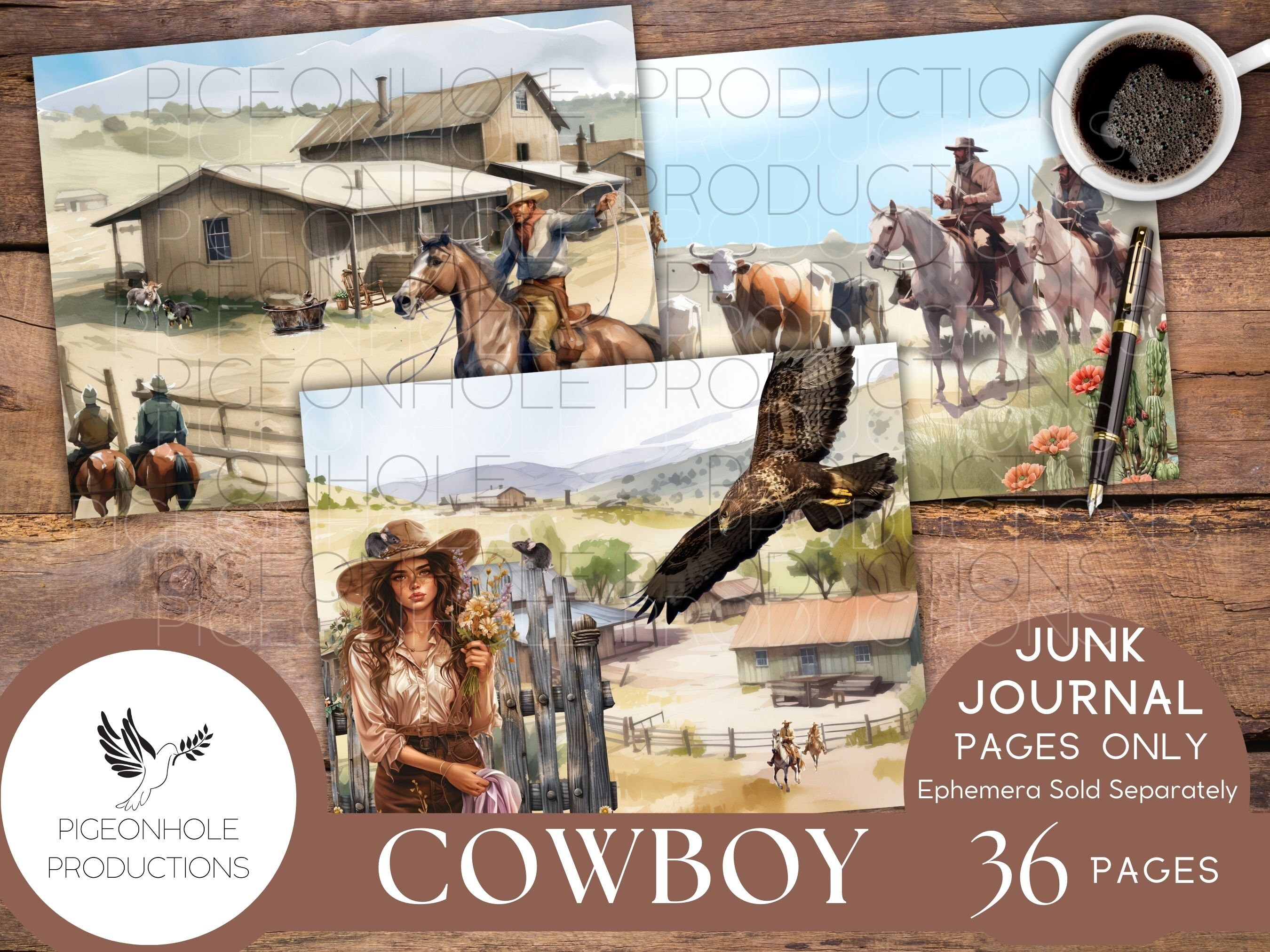Cowboy Journal Pages Only Kit, PRINTABLE, 32 Collage, Lined, Unlined ...