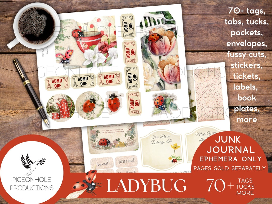 Ladybug Junk Journal EPHEMERA PRINTABLE 70 Tags Tucks - Etsy