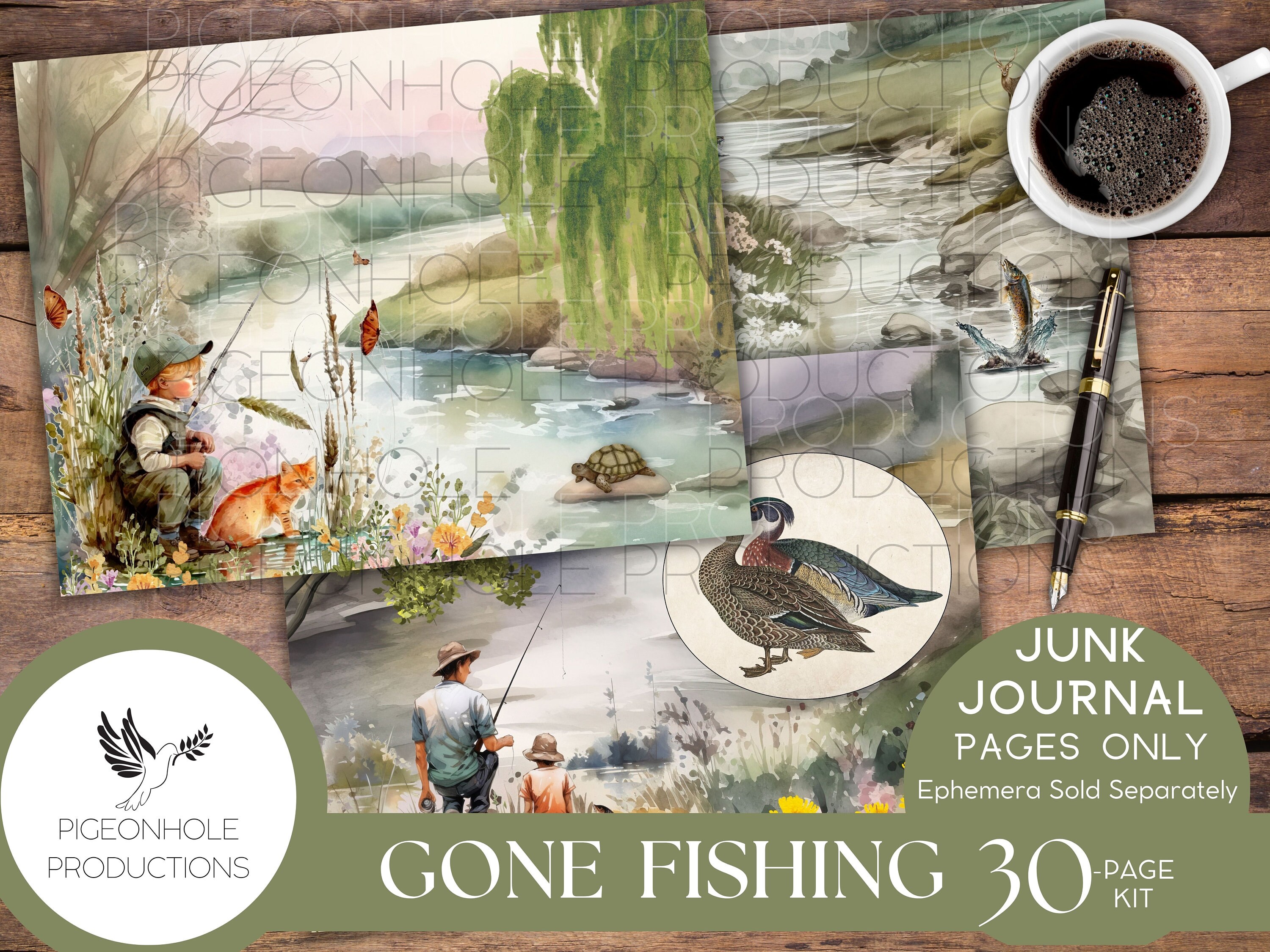 Gone Fishing Junk Journal Pages, PRINTABLE, 30 Collaged, Lined, Unlined ...