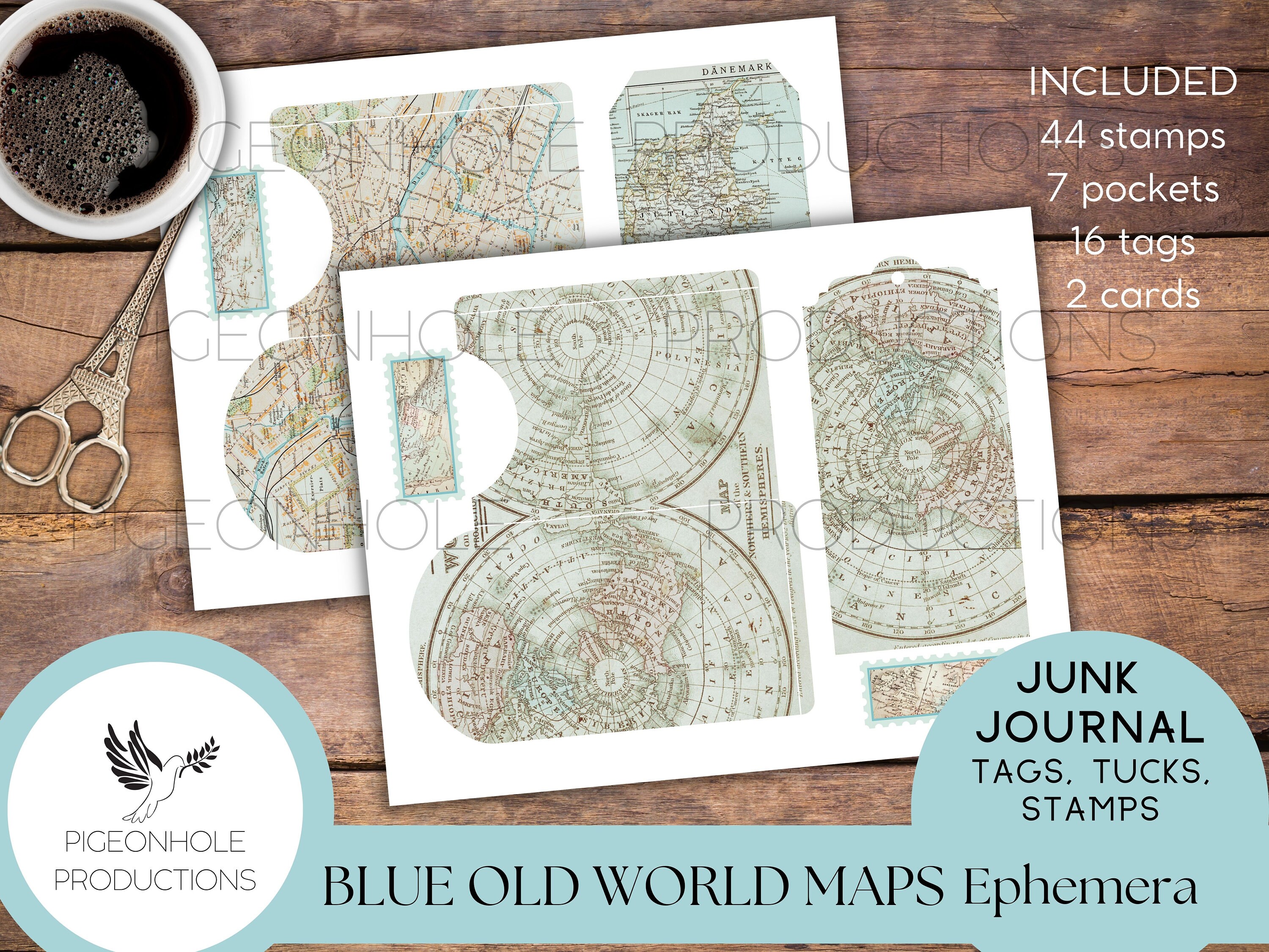 Blue Old World Maps Junk Journal Ephemera—printable—tags, Pockets ...