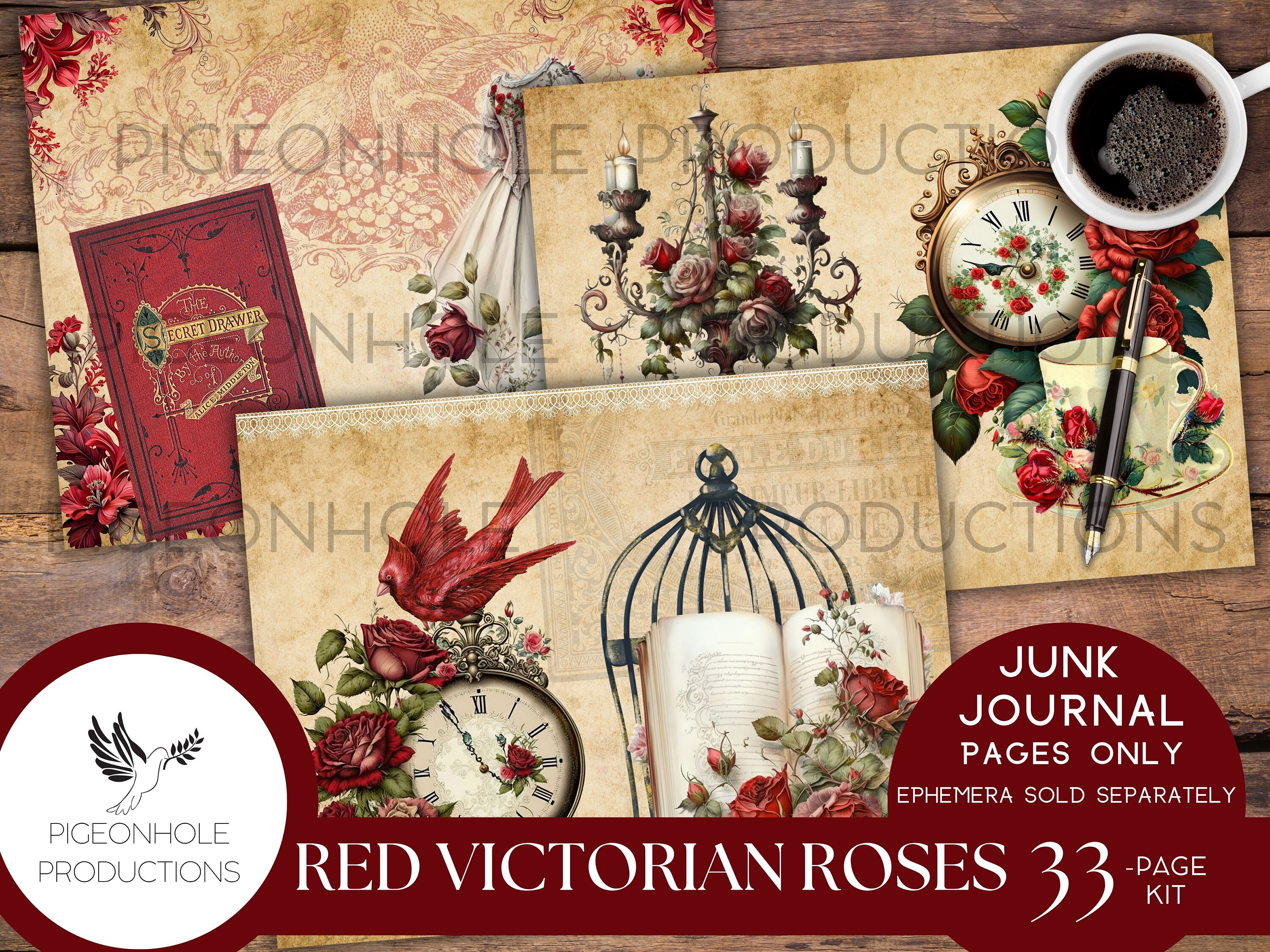 Red Victorian Roses Junk Journal Pages, PRINTABLE, 33 Sheets of ...