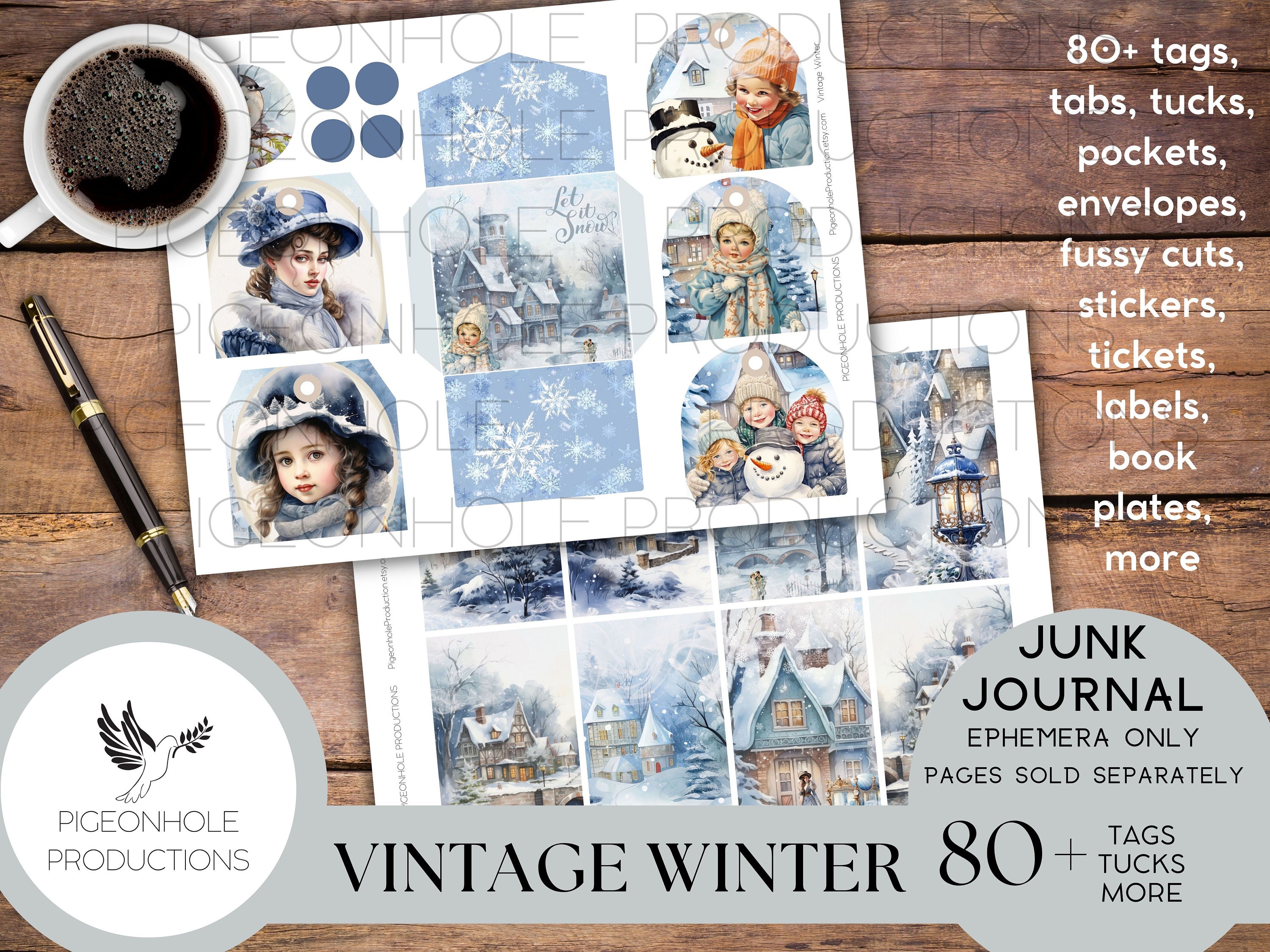 Vintage Winter Junk Journal EPHEMERA, PRINTABLE, 80 Tags, Tucks ...
