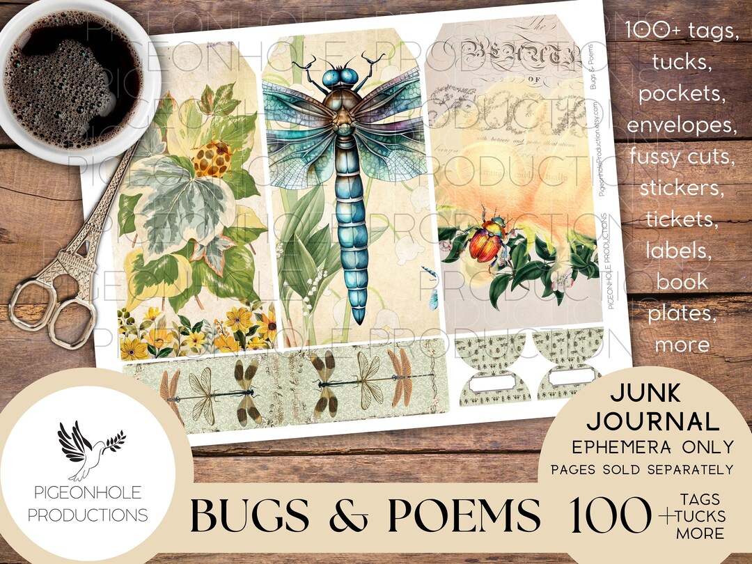 Bugs & Poems Junk Journal EPHEMERA, PRINTABLE, 70+ Tags, Tucks, Pockets ...