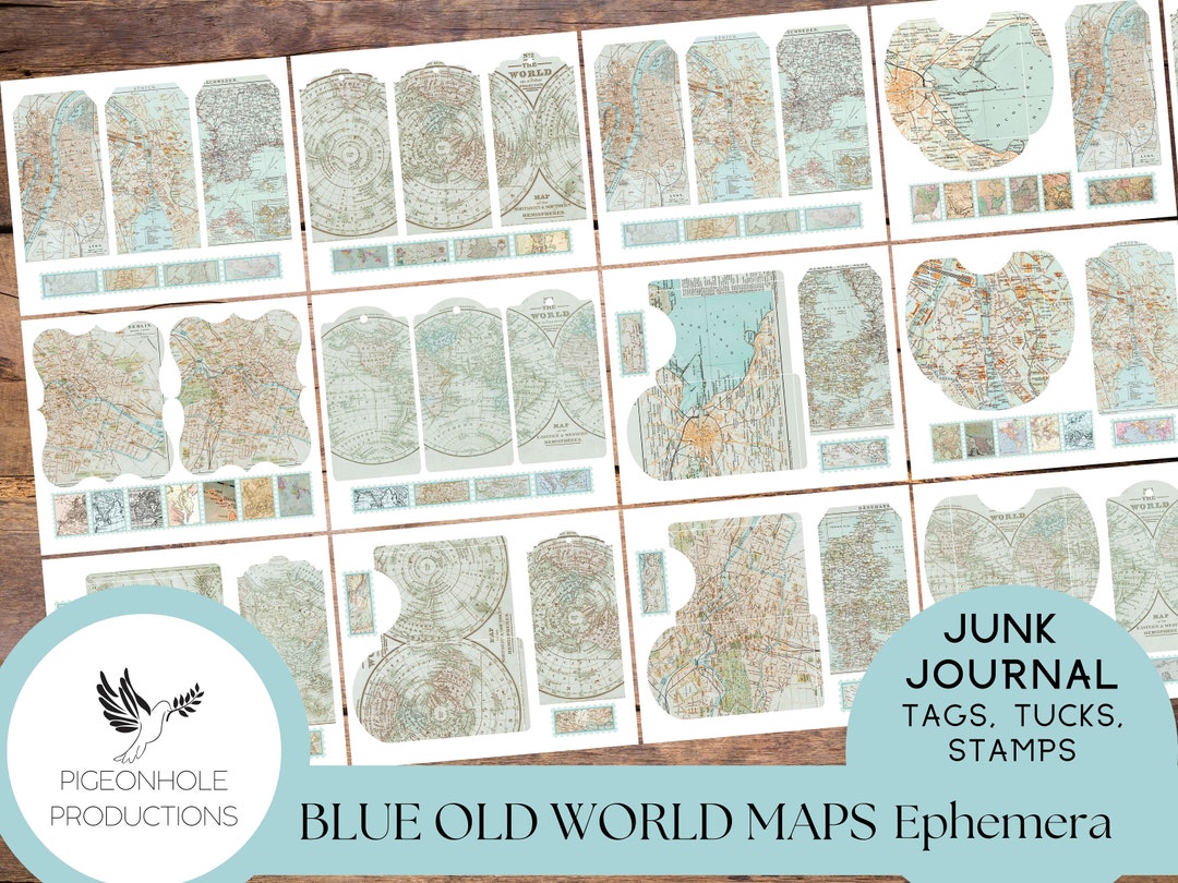 Blue Old World Maps Junk Journal Ephemera—printable—tags, Pockets ...