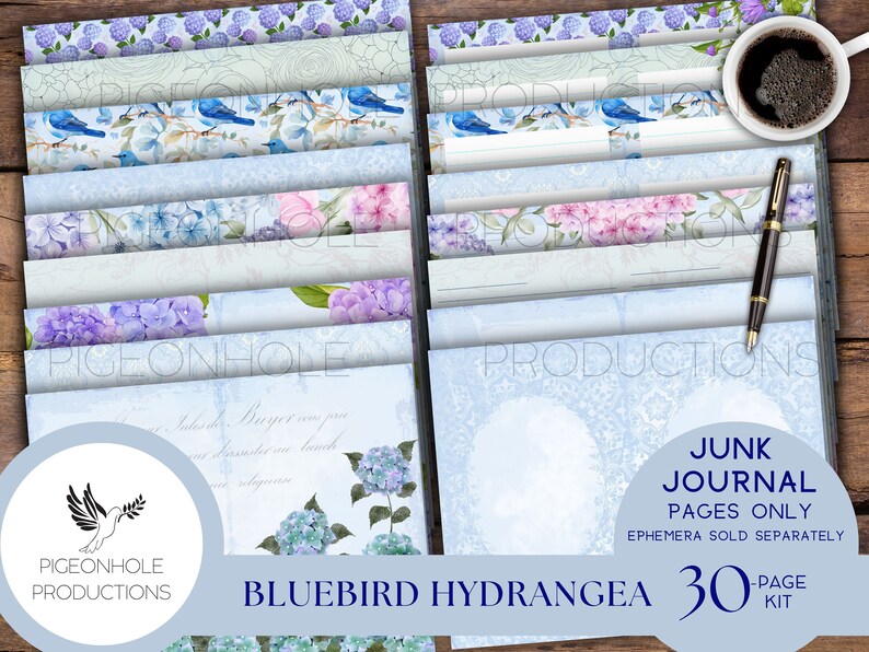 Bluebird Hydrangea Junk Journal Pages Only Kit, PRINTABLE, 30 Collaged ...