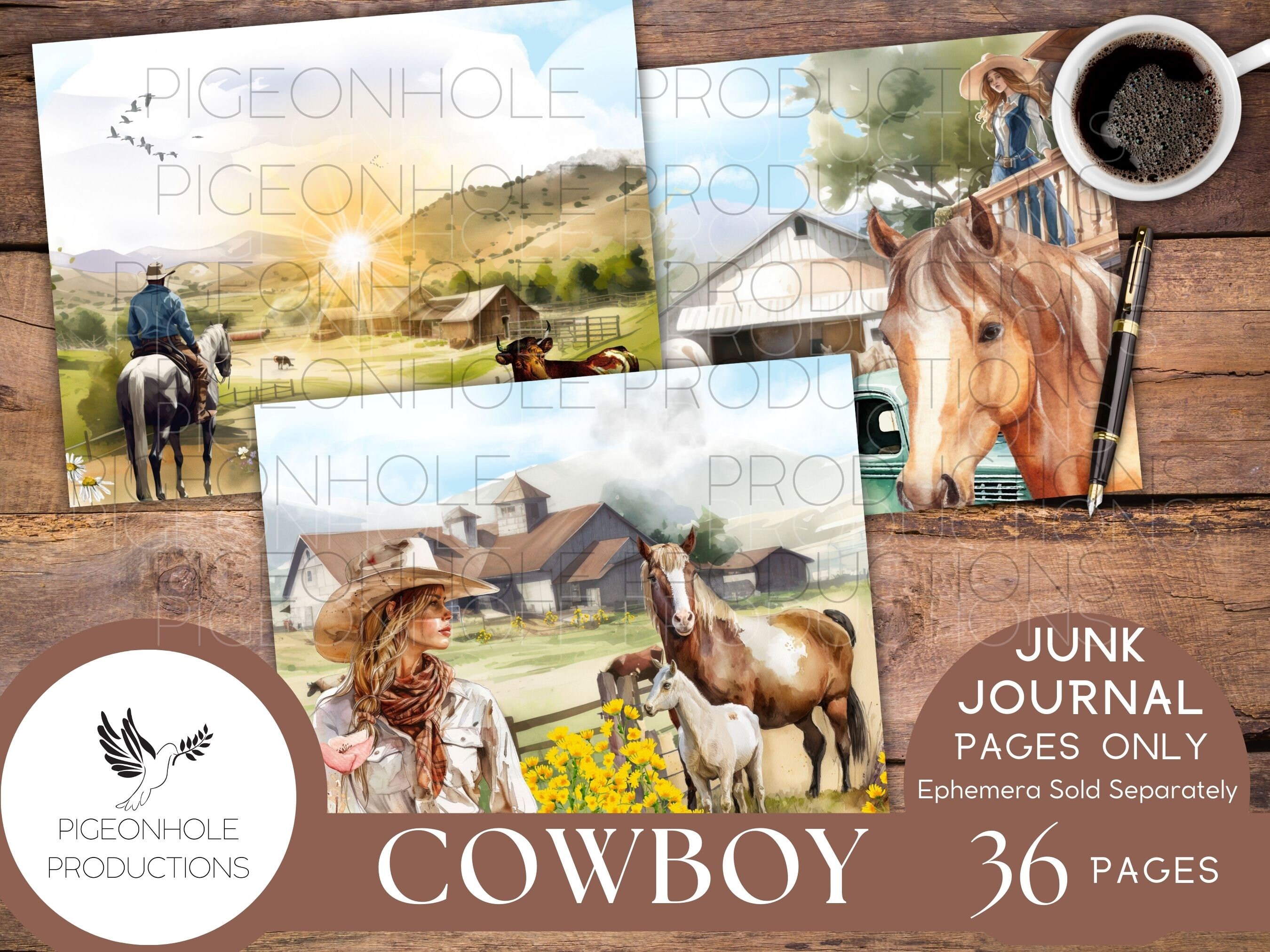 Cowboy Journal Pages Only Kit, PRINTABLE, 32 Collage, Lined, Unlined ...