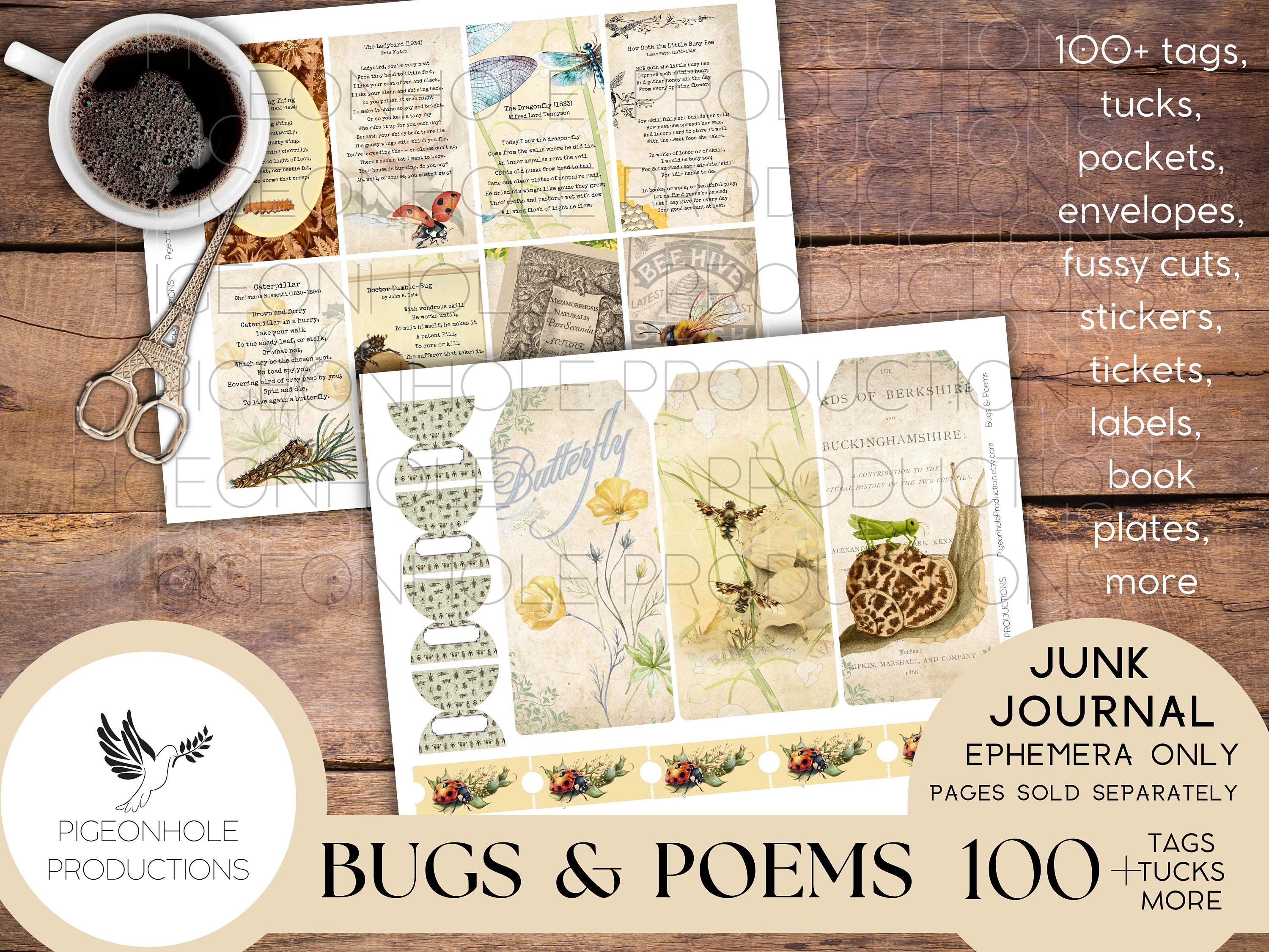 Bugs & Poems Junk Journal EPHEMERA, PRINTABLE, 70+ Tags, Tucks, Pockets ...
