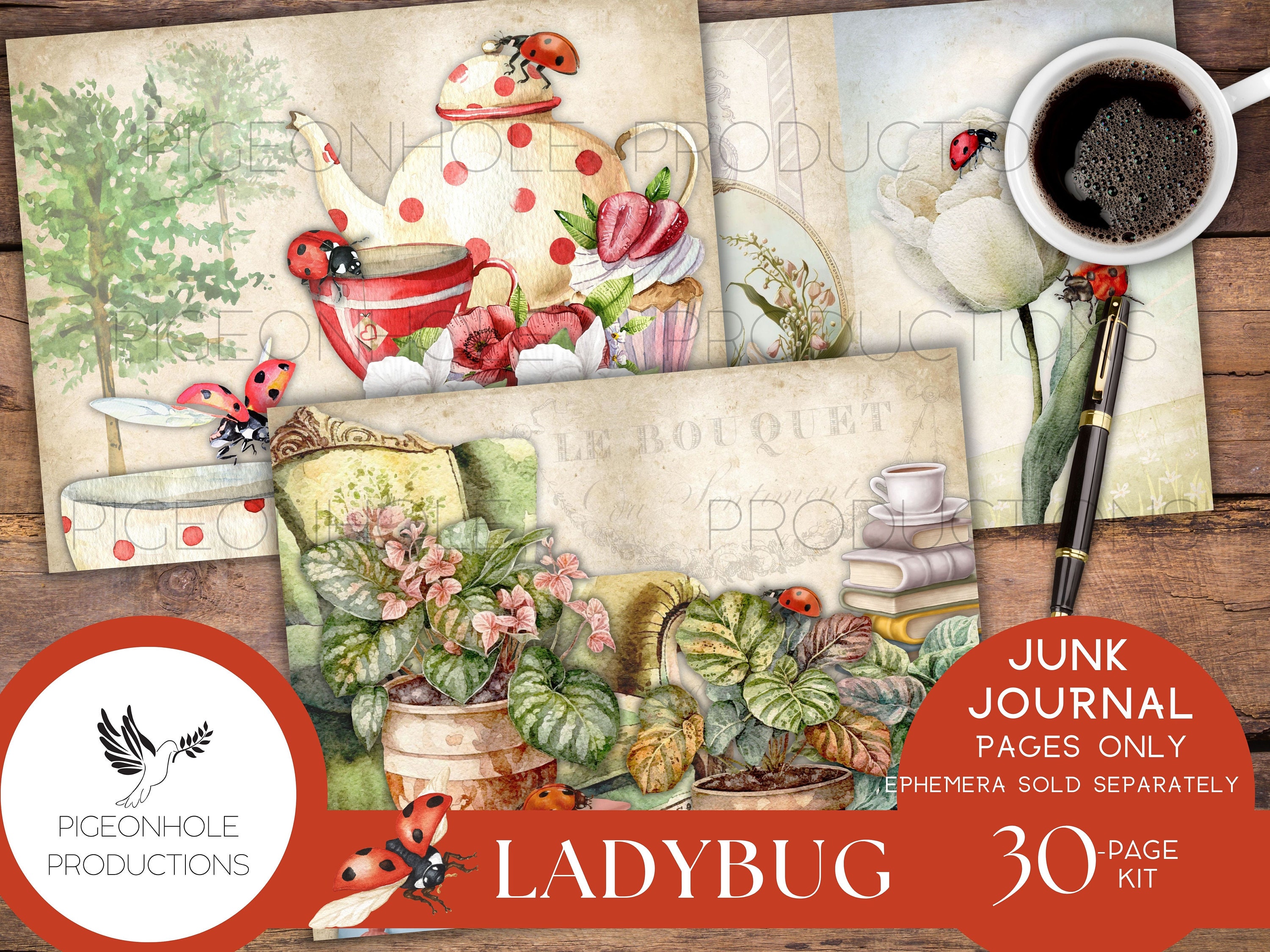 Ladybug Junk Journal Pages Only Kit, PRINTABLE, 30 Collage, Lined and ...