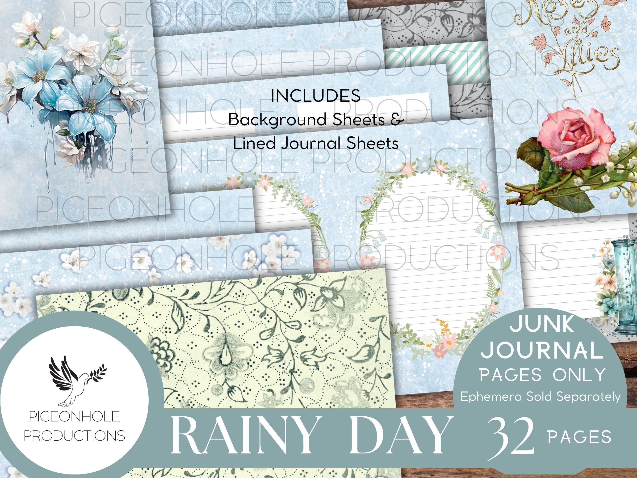 Rainy Day Journal Pages Only Kit, PRINTABLE, 32 Collage, Lined, Unlined ...