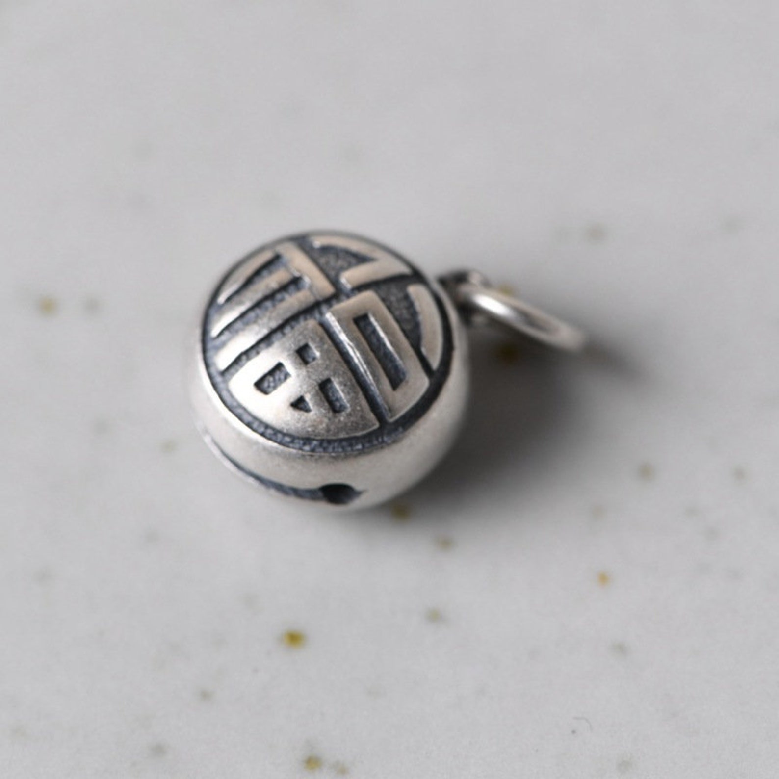 Sterling Silver Bell Charm, Good Luck Charm, Chinese Fu Charm, Round ...